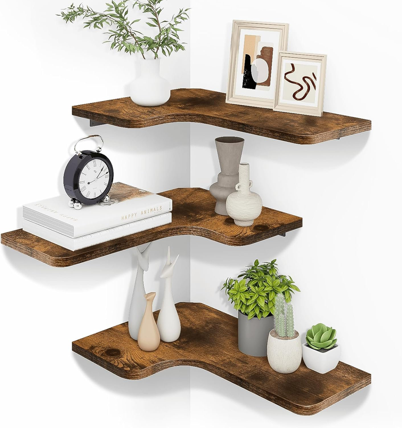 Gracie Oaks Floating Corner Shelves Set Of 3, Wall Mounted L-Shaped ...