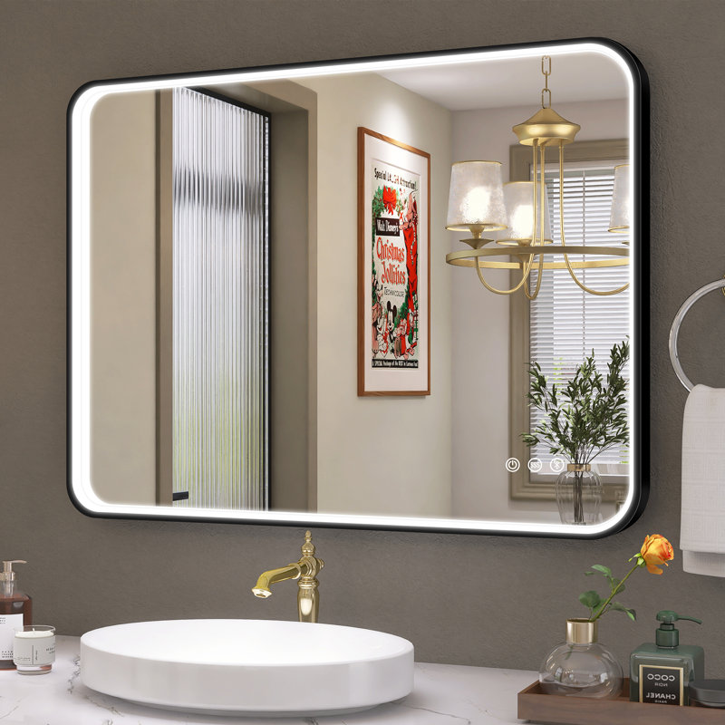 Latitude Run® Sleek Black Framed LED Bathroom Mirror Dimmable Lighting ...