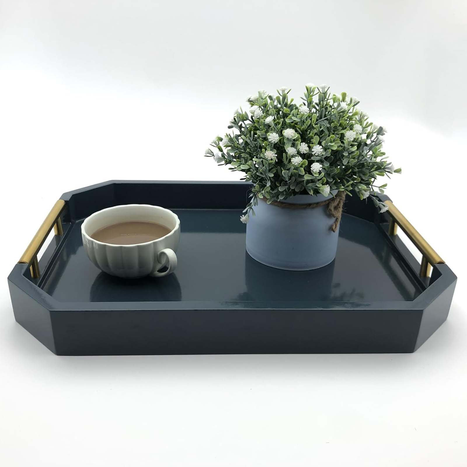 NEUTRALPOSTURE Serving Tray With Polished Metal Handles, Hexagon Coffee ...