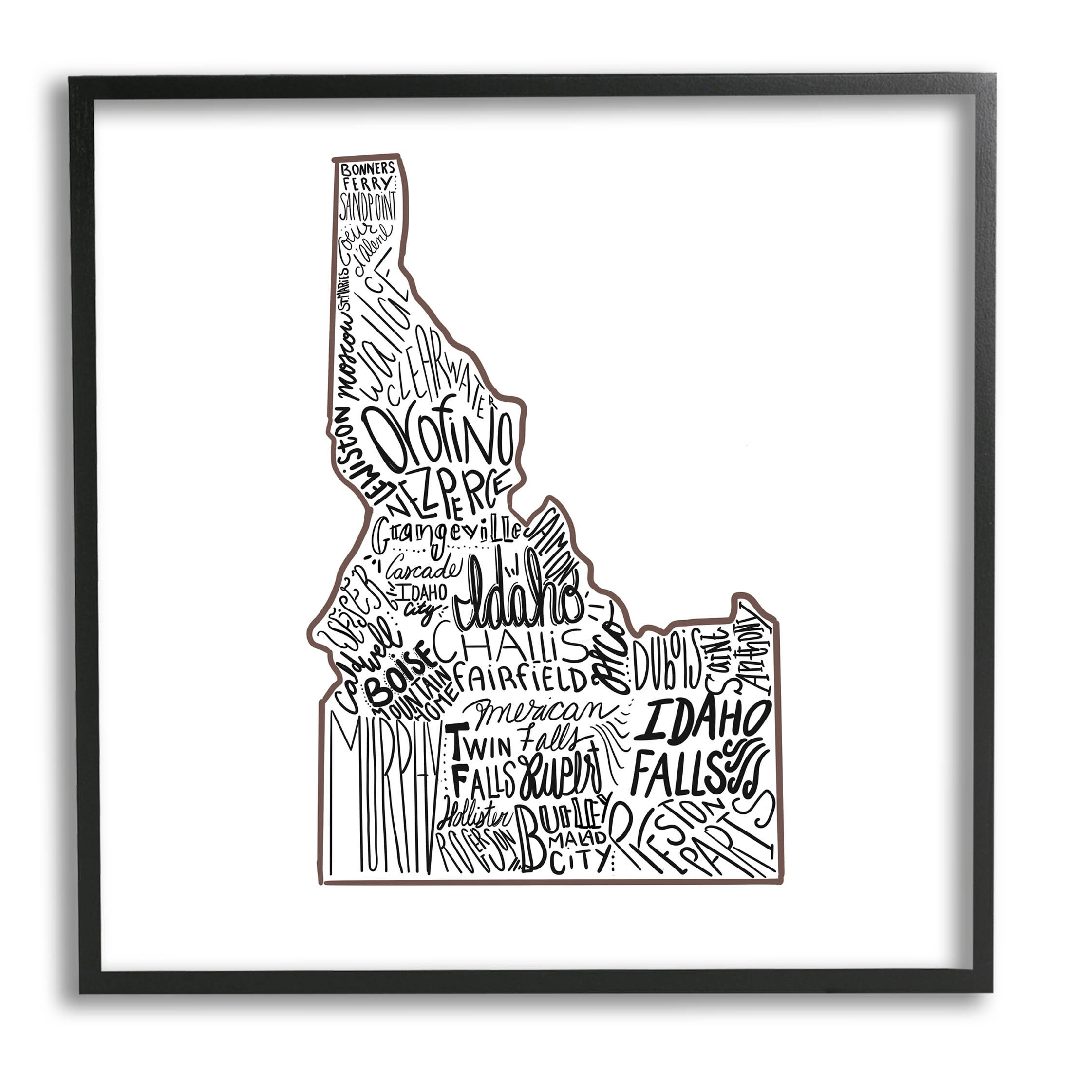 Stupell Industries Idaho State Shape Typography Cities Framed Giclee ...