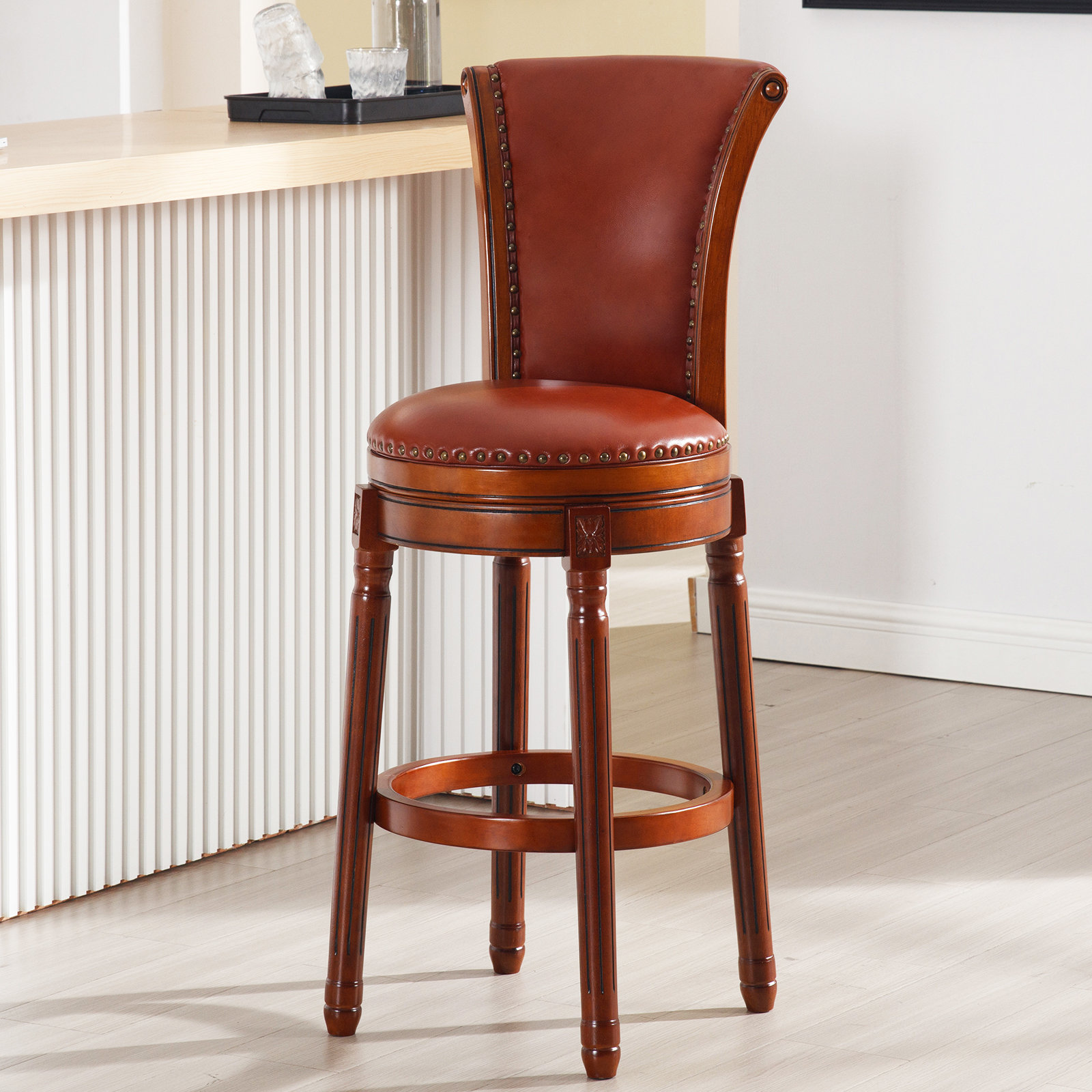 Alcott Hill® High Back Swivel Bar Stools with Full-Grain Genuine ...
