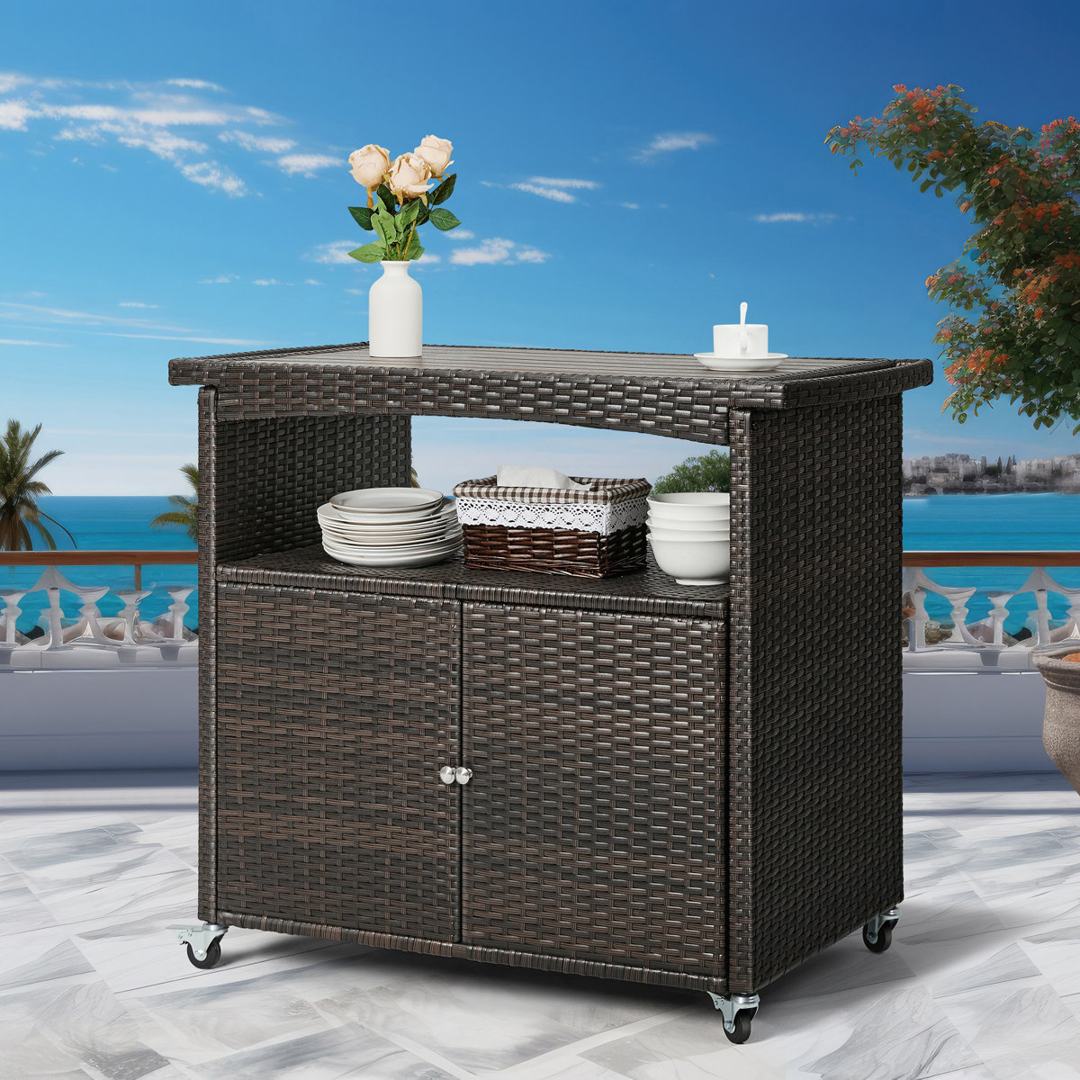 Latitude Run® Outdoor Patio Wicker Buffet & Console Table With Rolling ...