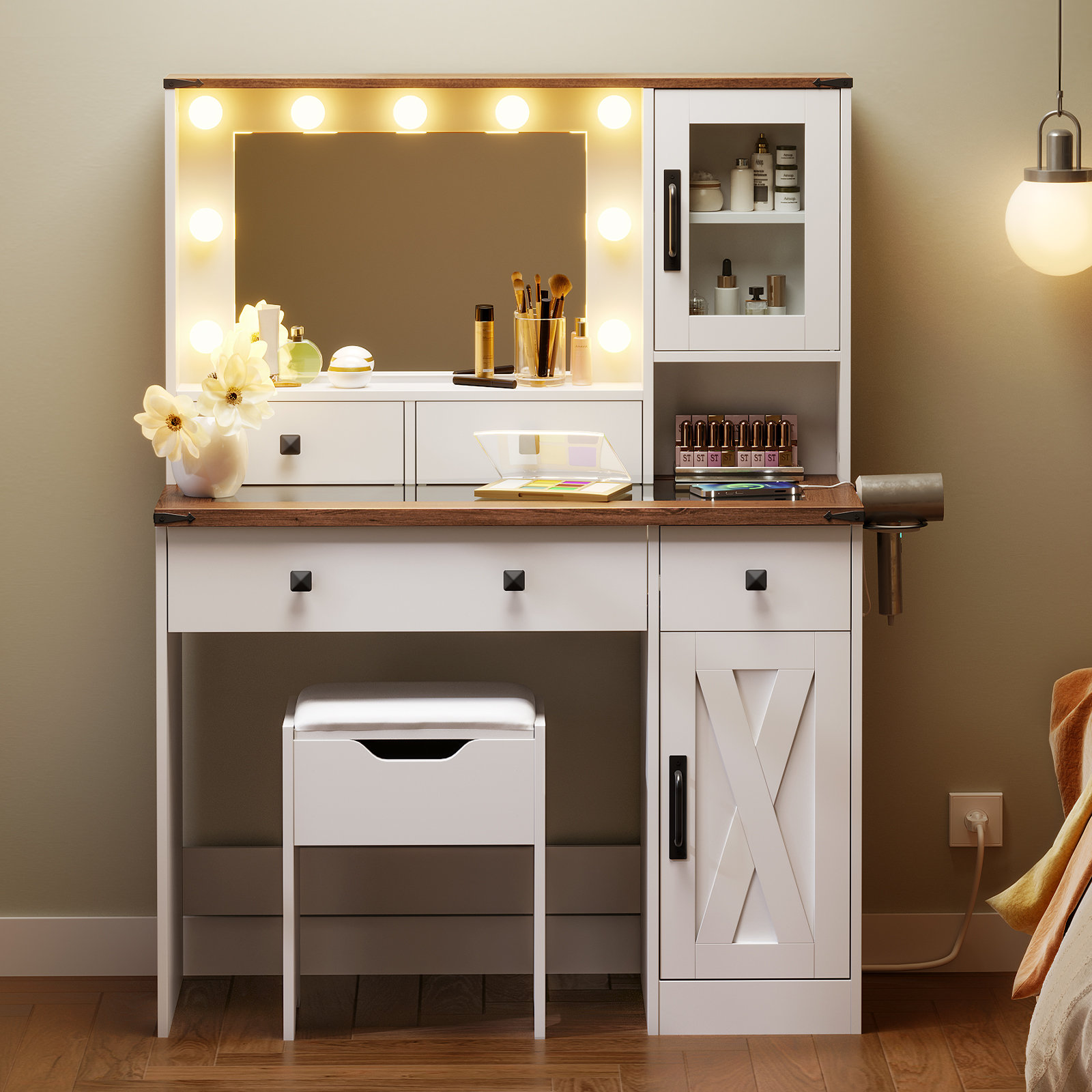 Gracie Oaks Vanity Desk With Mirror Lights And Charging Station | Wayfair