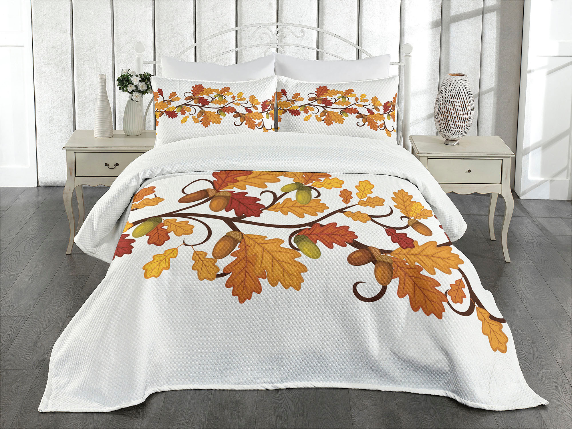 Ambesonne Fall Bedspread Set Autumn Oak Leaves and Acorns Multicolor ...