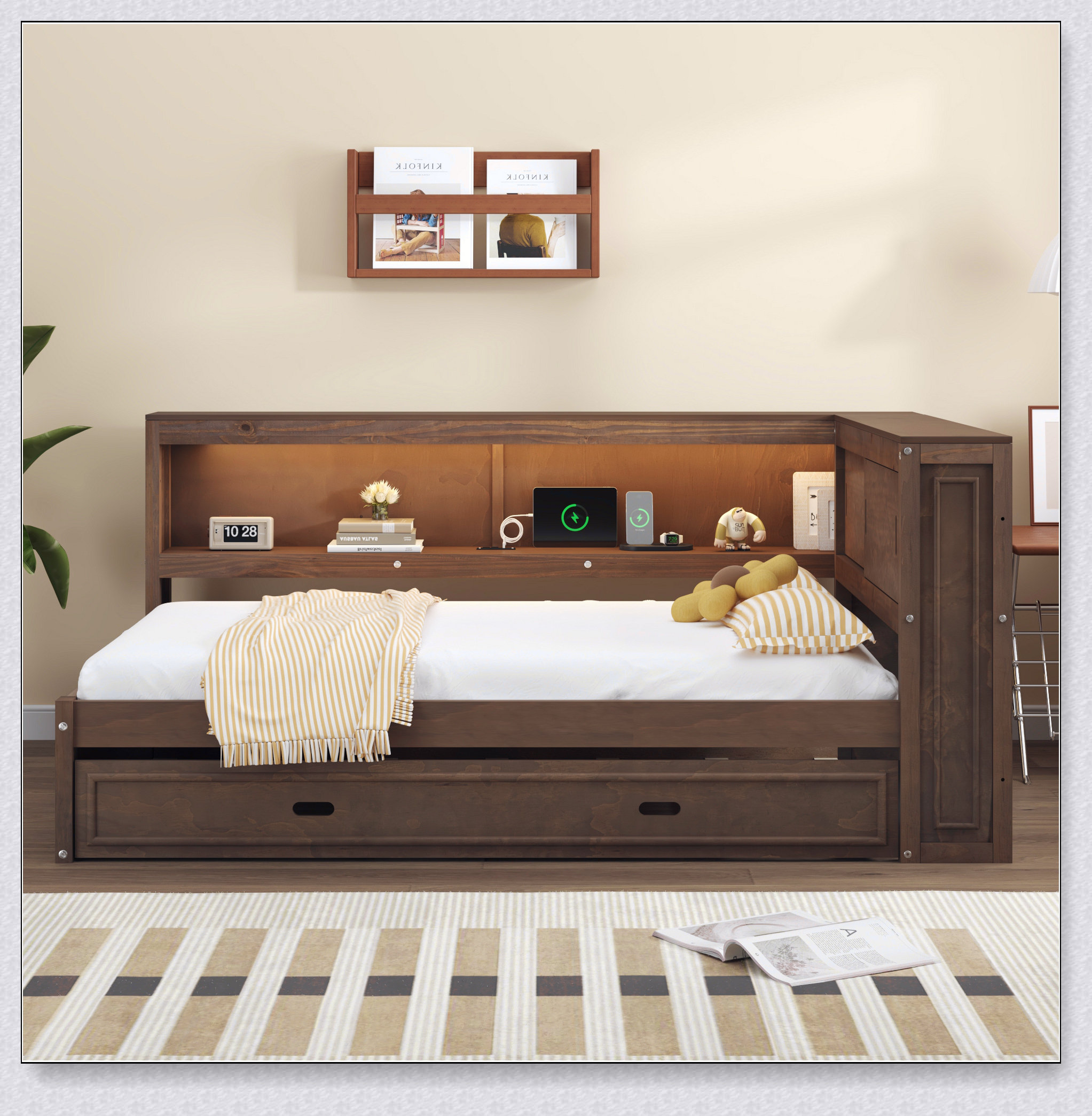 Ophelia & Co. Wood Daybed with Storage Shelves, USB, LED, and Trundle ...