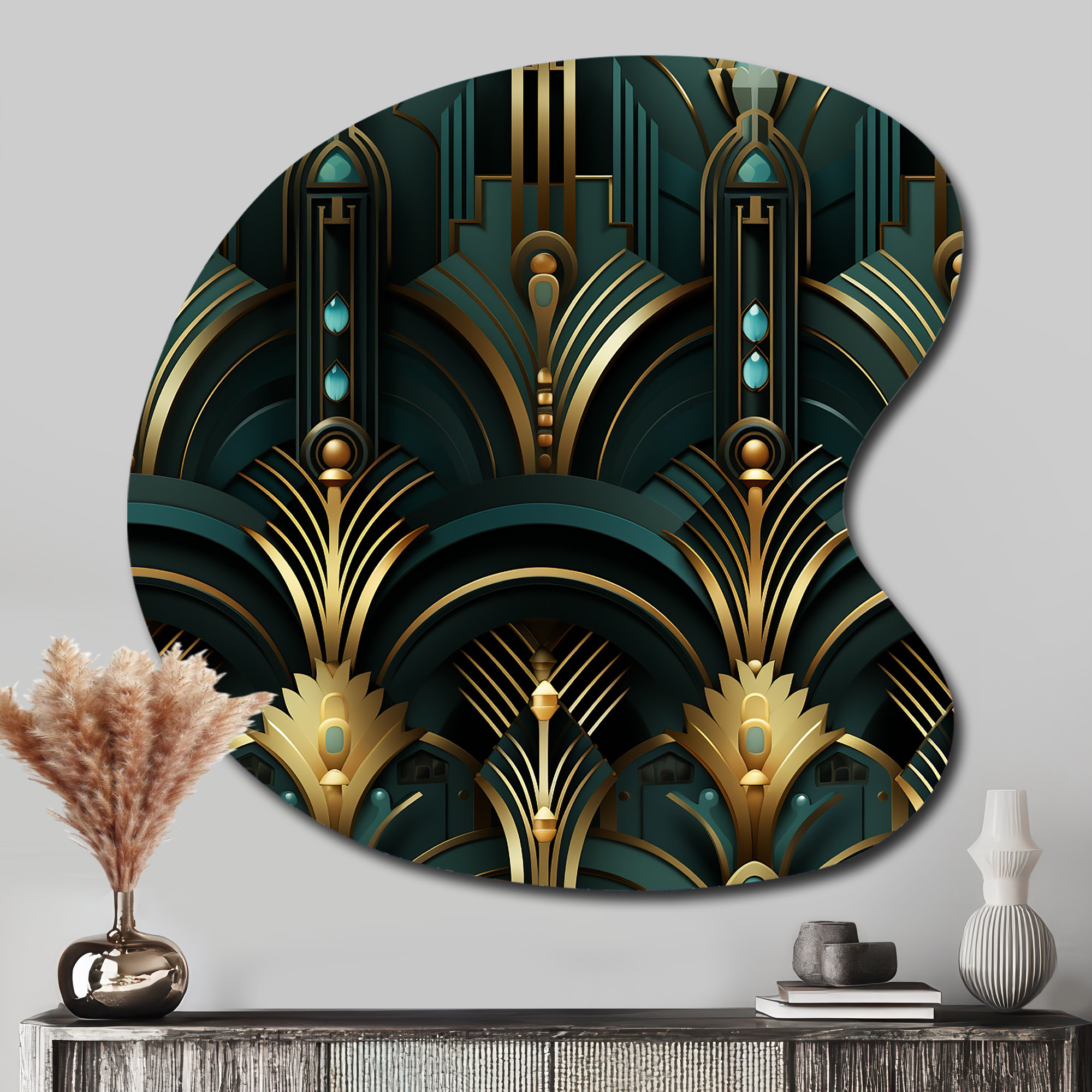 Design Art Gold And Green Art Deco Opulence - Abstract Irregular Wall ...