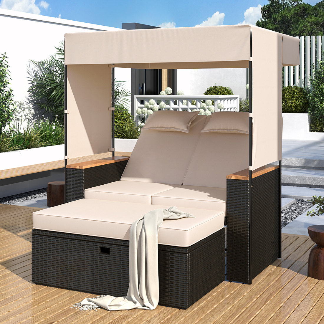 Ebern Designs Versatile Outdoor Rattan Daybed with Multiple Functions ...