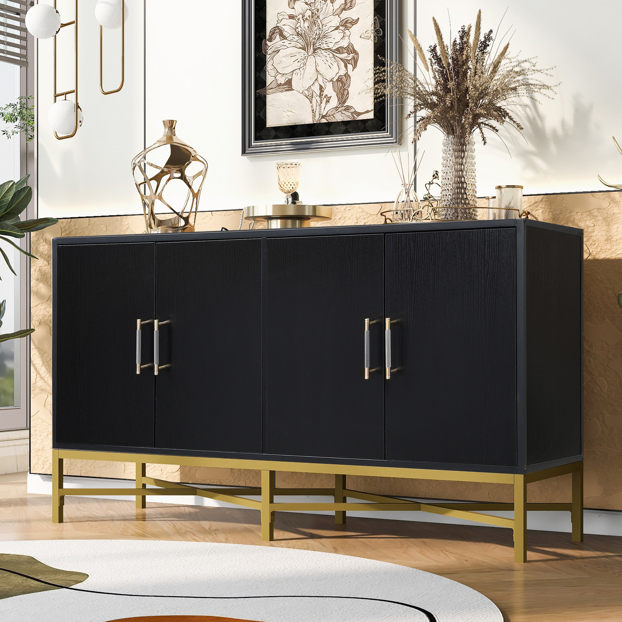 Everly Quinn Wood Storage Sideboard with Metal and Cross-Leg Design ...