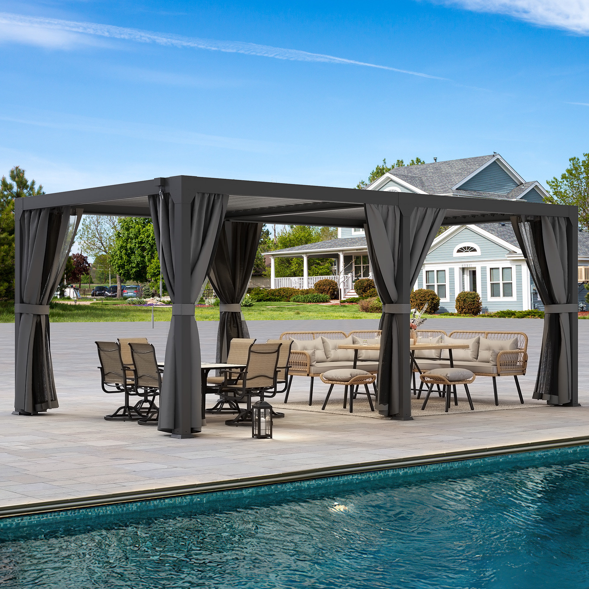 Balconera 20 Ft. W X 10 Ft. D Aluminum Pergola with Privacy Curtain and ...