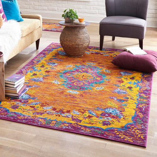 Bungalow Rose Niceto Performance Orange/Blue/Purple Rug | Wayfair