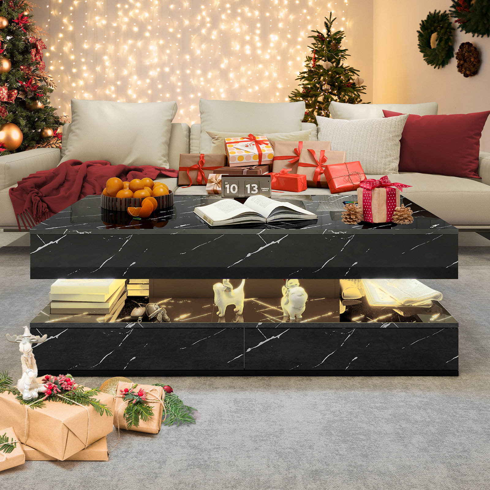 PPorfamilia Large High-Glossy Coffee Table,Modern Coffee Table With 2 ...