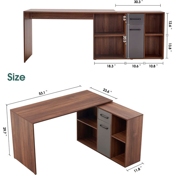 Latitude Run® Eujin 53'' W L Shaped Convertible Desk with Storage ...