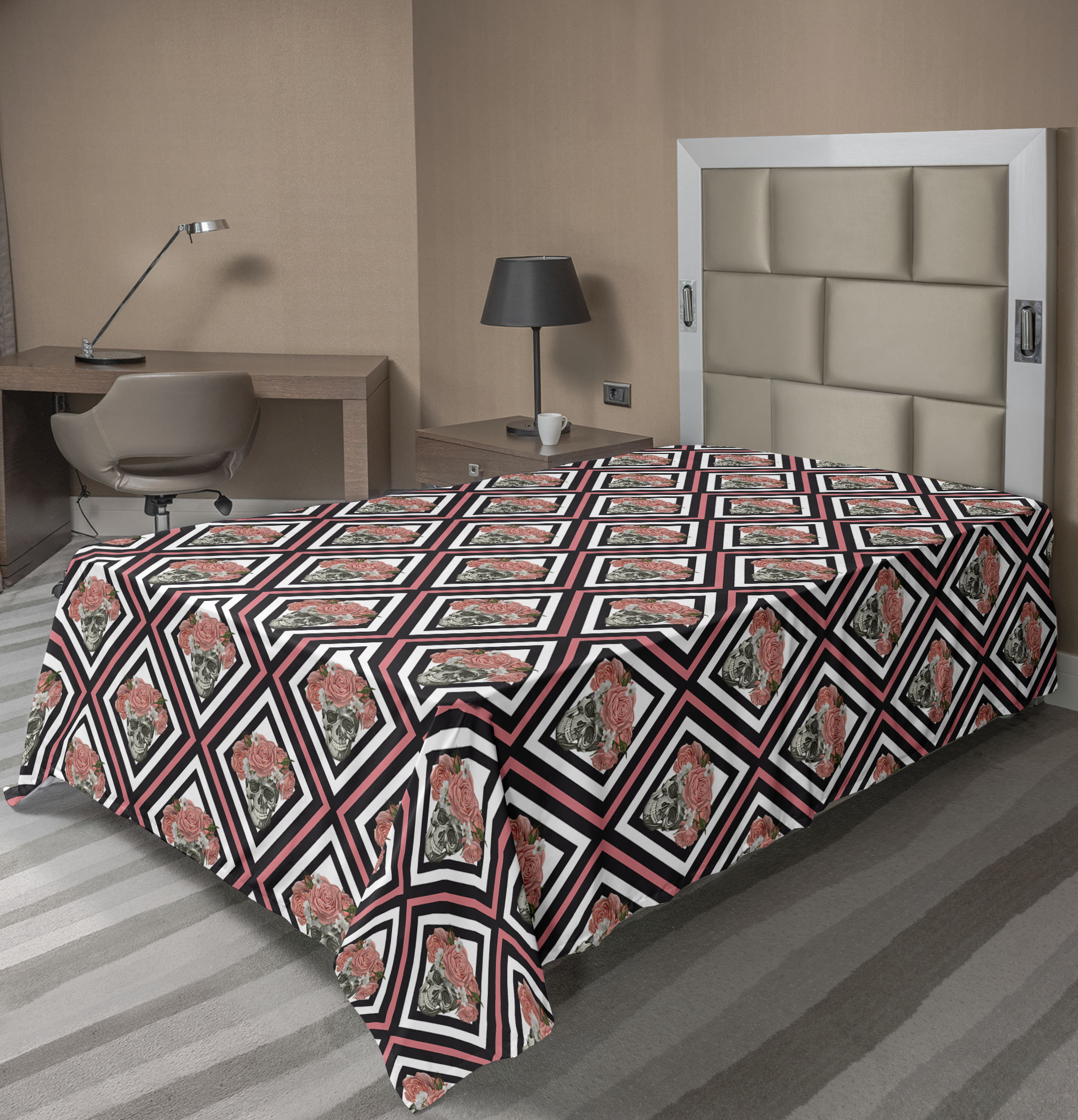 Ambesonne Skull Flat Sheet Goth Skeleton Heads Floral Coral Dark Sepia ...