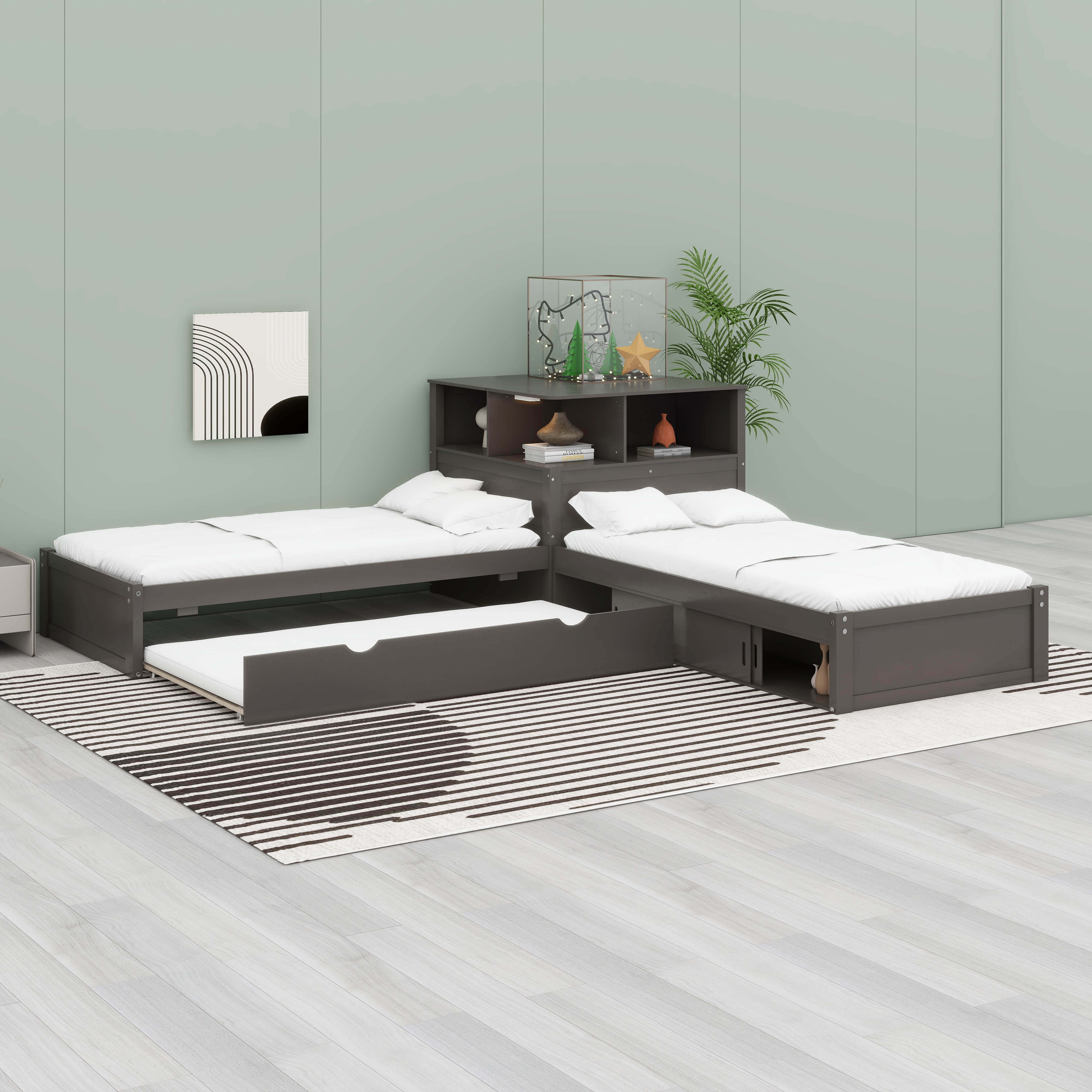 Latitude Run® L-Shaped Platform Bed With Trundle And LED Light, Twin ...