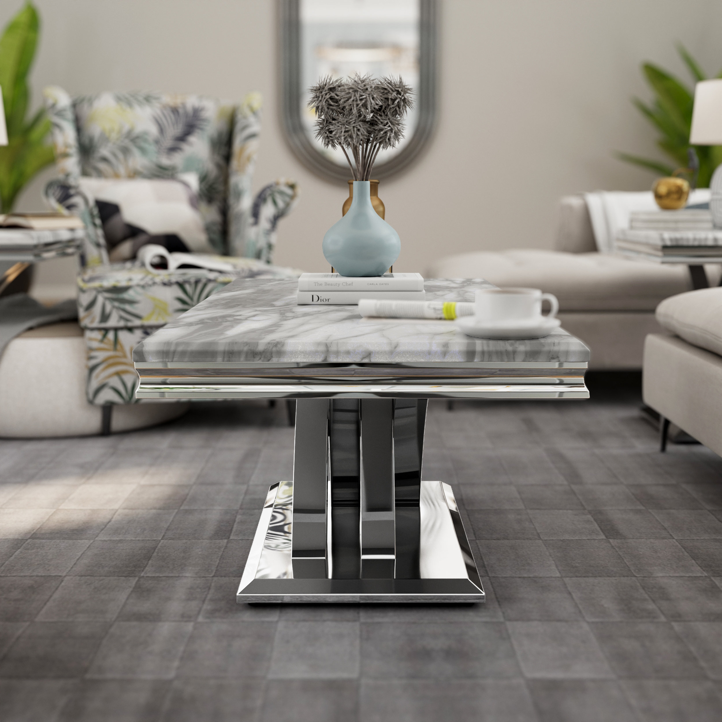 Ivy Bronx Silver And Grey Coffee Table With Mirrored Silver X-Base ...
