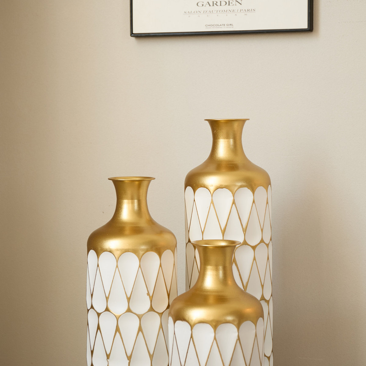 Everly Quinn 3-Piece White Gold Floor Vase, Golden Prism Design, Tall ...