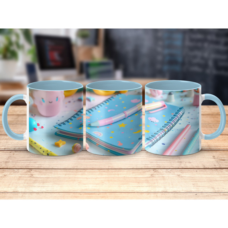 East Urban Home Set of 3 Kids Drawing Style 11oz Accent Mugs – White ...