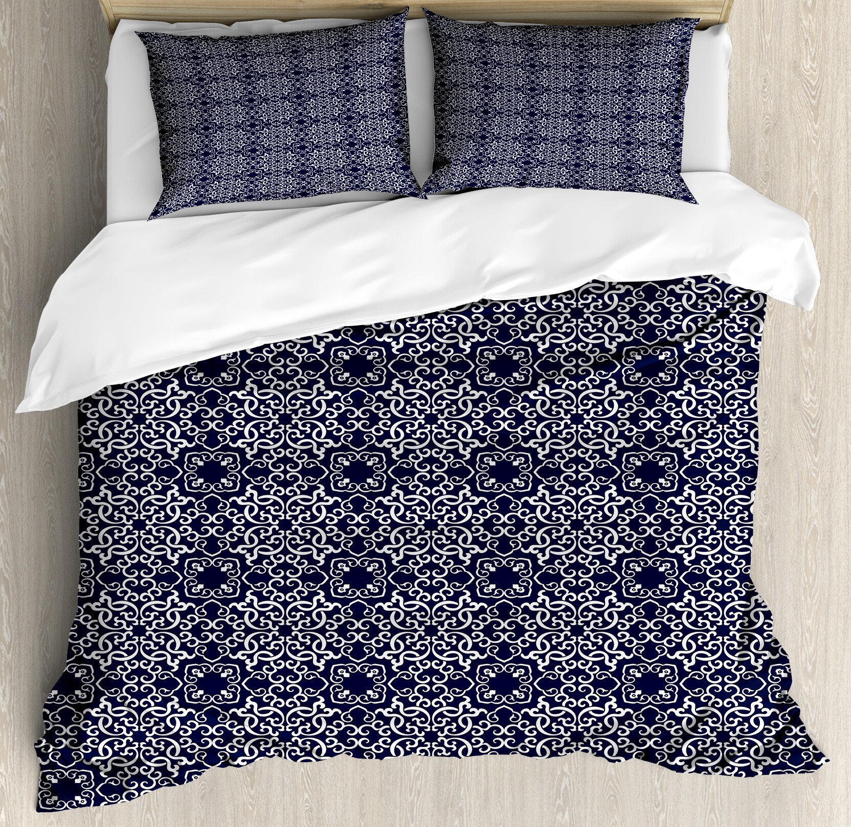 Ambesonne Navy Blue Duvet Cover Set, Eastern Curlicues, Calking, Navy ...