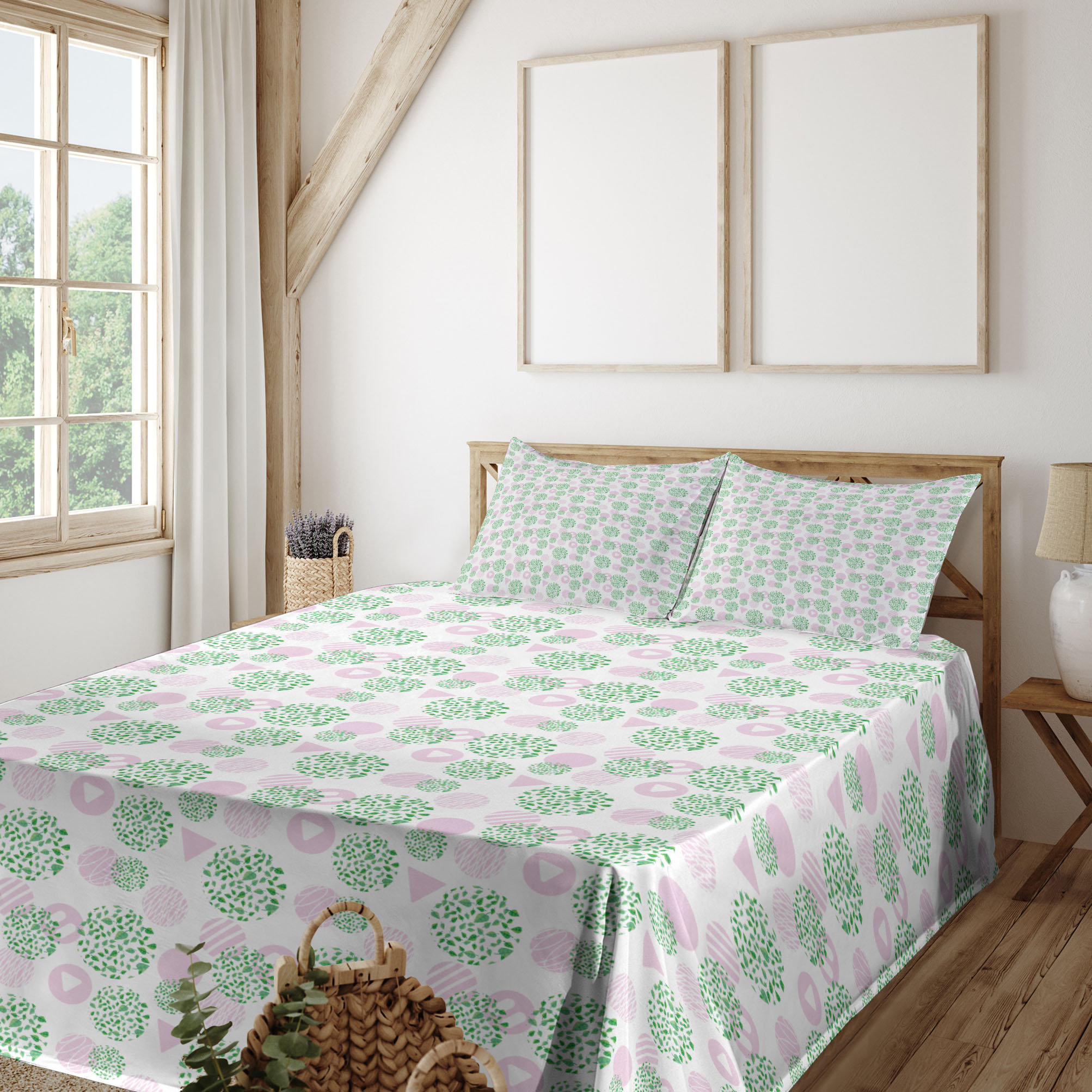 Ambesonne Spring Sheet Set Triangles Circles and Leaves Jade Green ...
