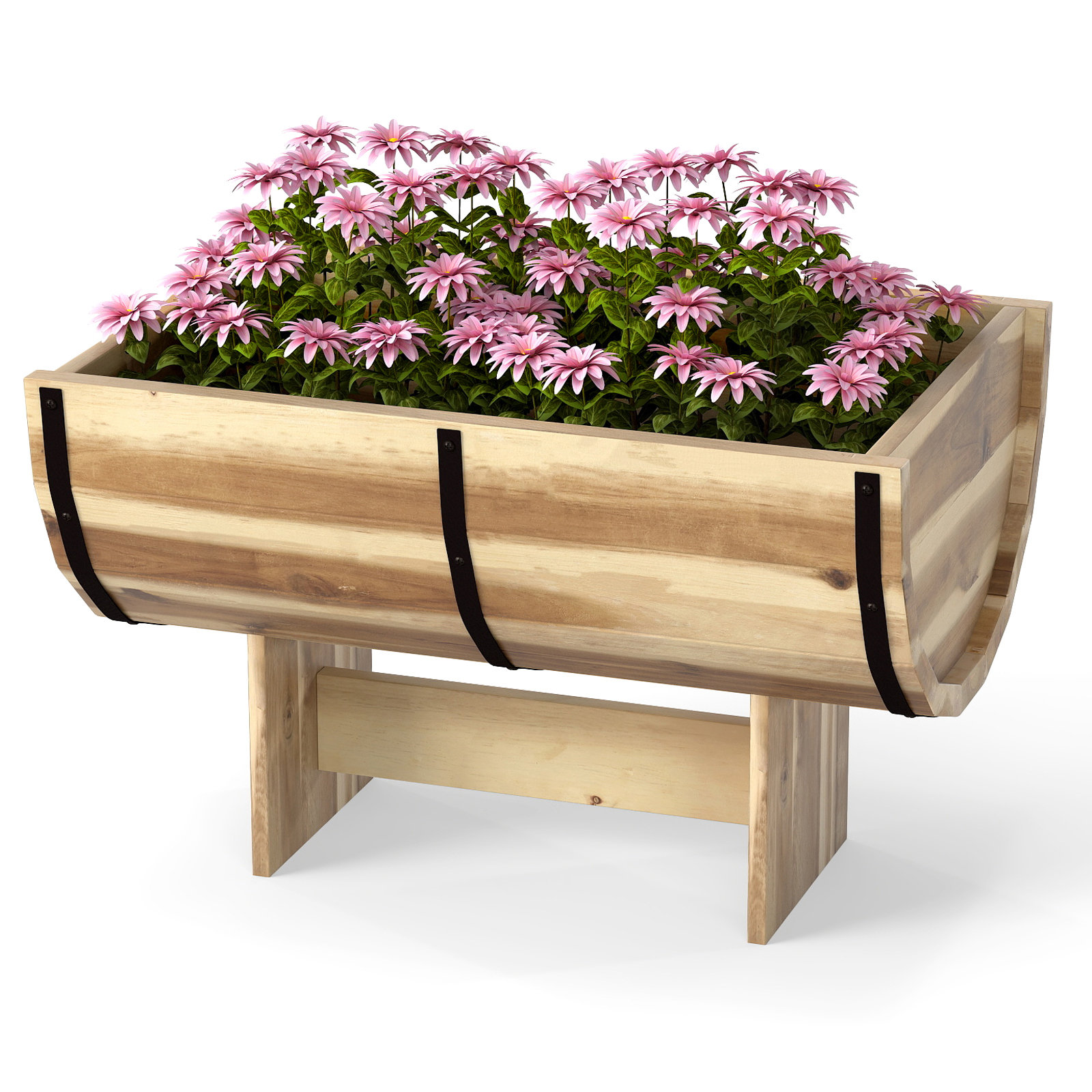 Gracie Oaks Rustic Half Barrel Planters Wooden Flower Boxes with Acacia ...