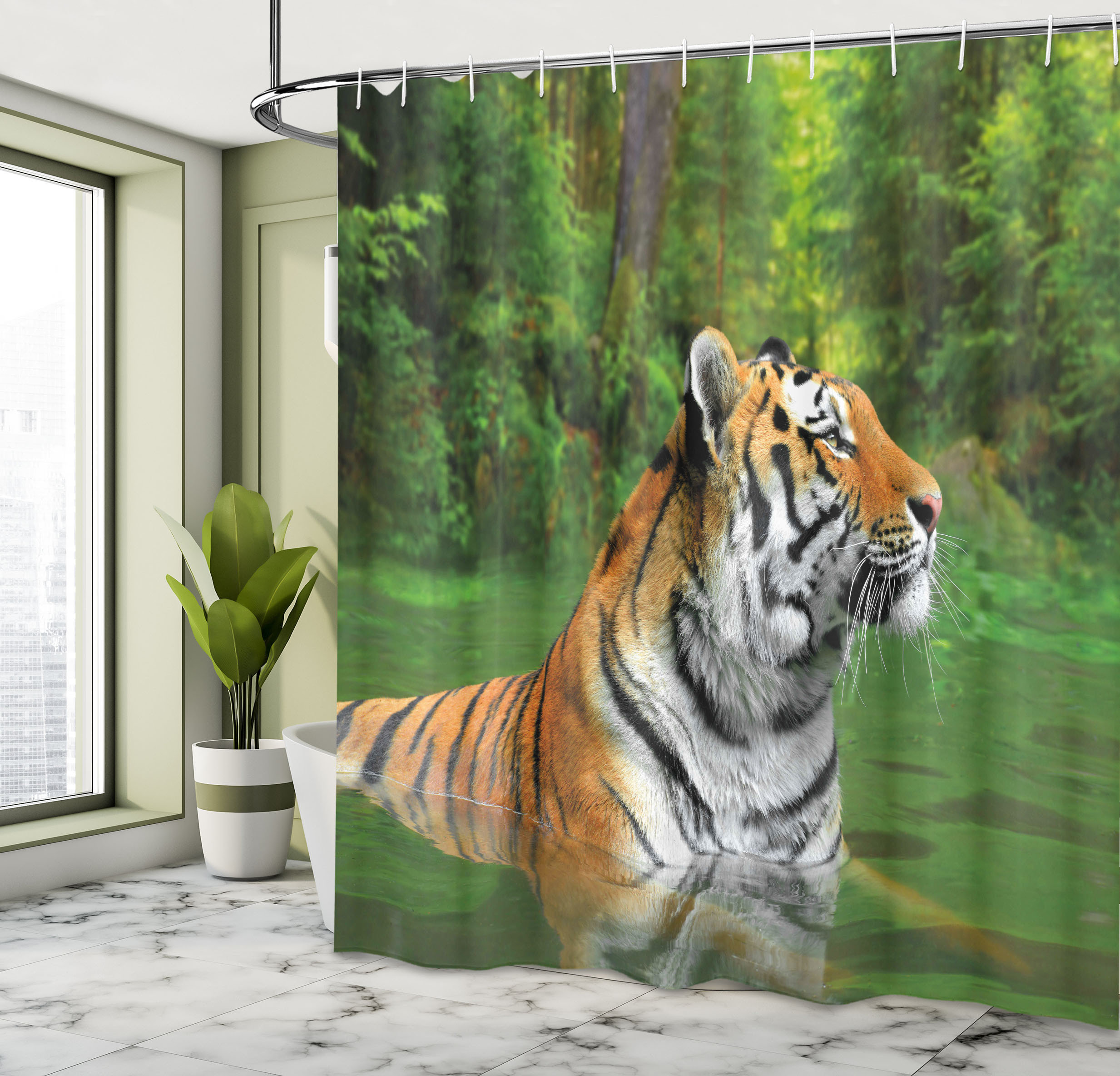 East Urban Home Ranieri Tiger Shower Curtain Siberian Wild Cat in Lake Fern Green Pale Brown ...