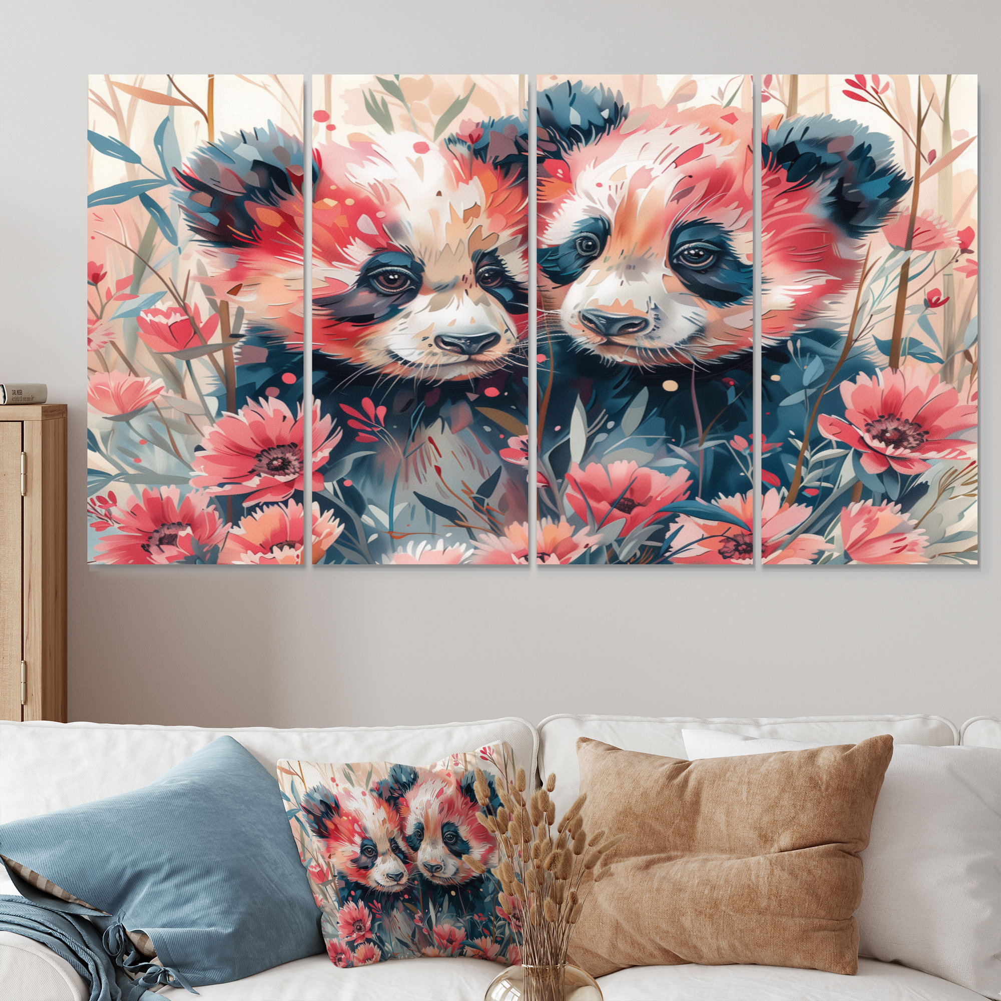 Design Art Pink Black Pandas Meadow I - Panda Animal Canvas Art Set ...
