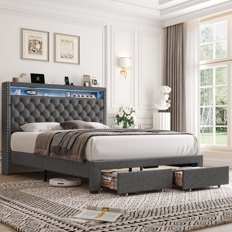 Ivy Bronx Storage LED Headboard with Charging Station Bed Frame ...