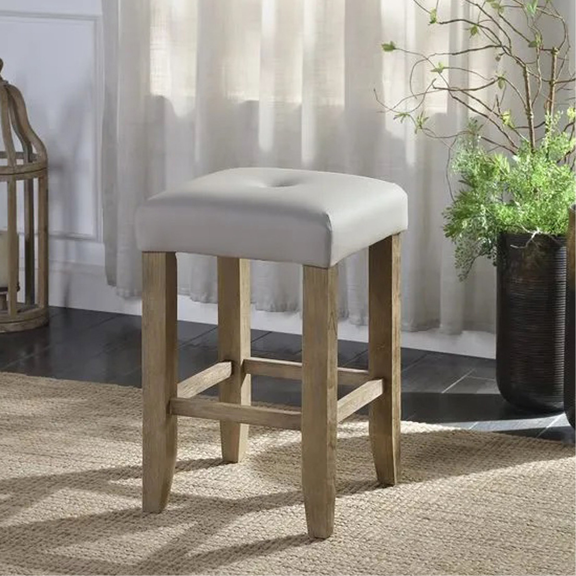 Latitude Run® Of 2 Gray And Oak Tapered Leg Counter Height Stools Button Padded Seat In Pu ...