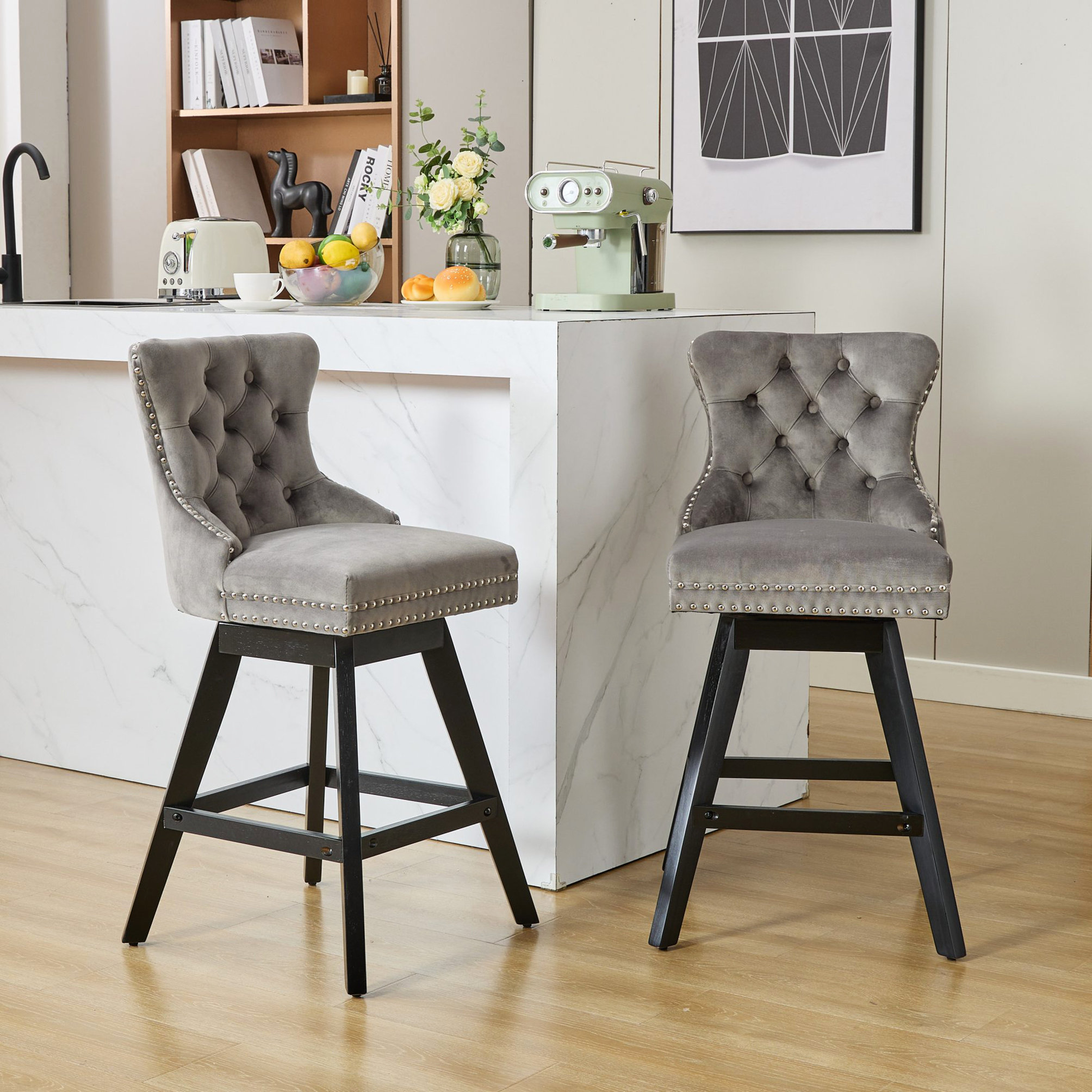 House of Hampton® Swivel Velvet Barstools With Button Tufted Decoration ...