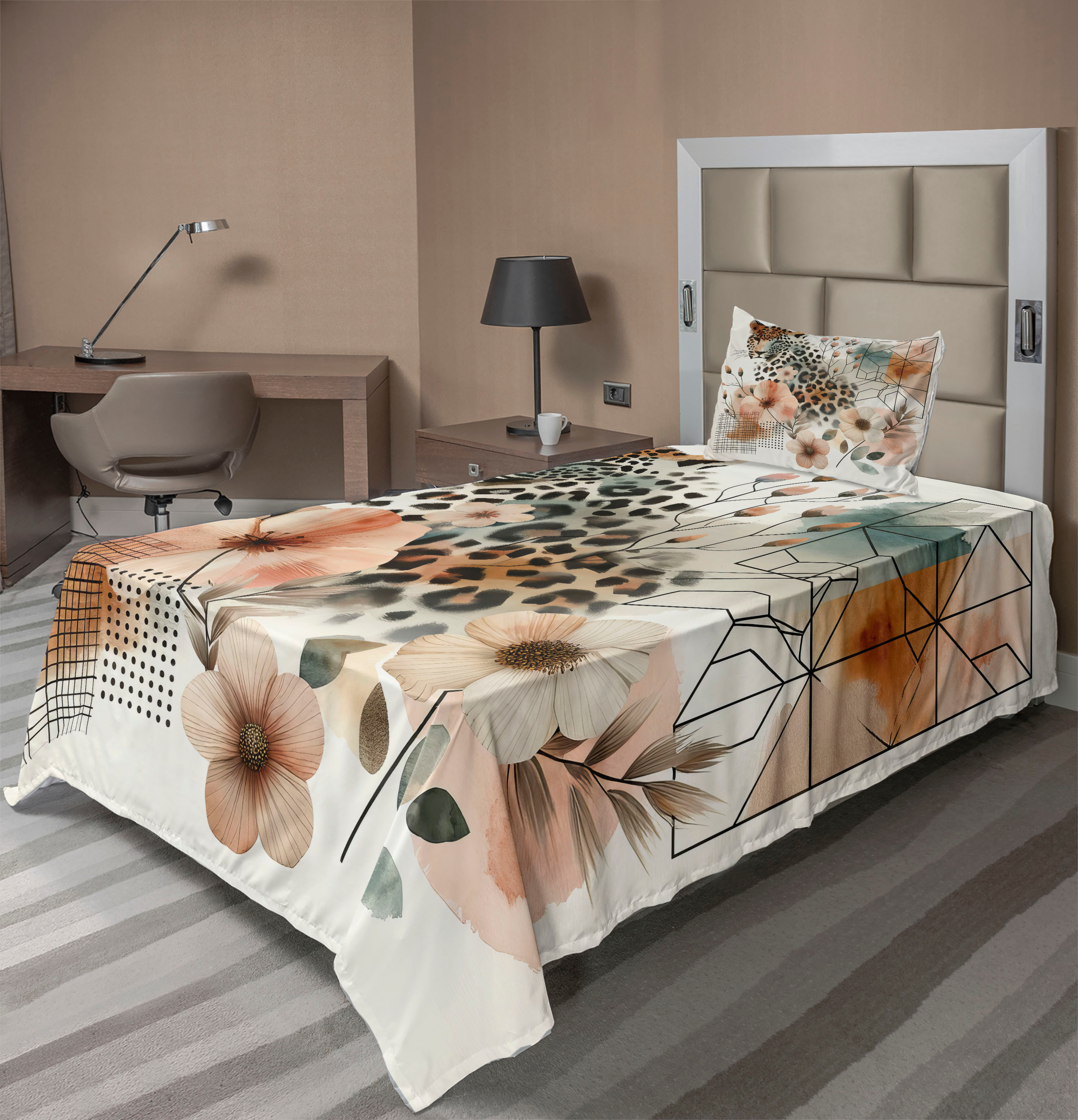 Ambesonne Leopard Sheet Set Tender Abloom Watercolor Peach Ginger and Grey Teal | Wayfair