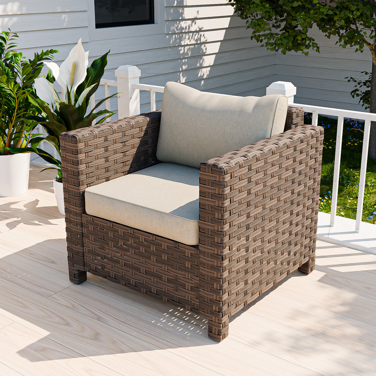Ebern Designs Patio Outdoor Wicker Lounge Chairs with Cushions | Wayfair