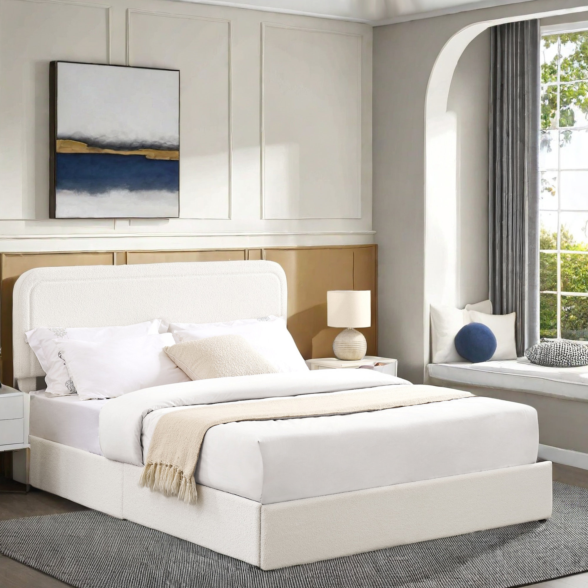 House of Hampton® Queen Size Upholstered Platform Bed In Ivory Boucle ...