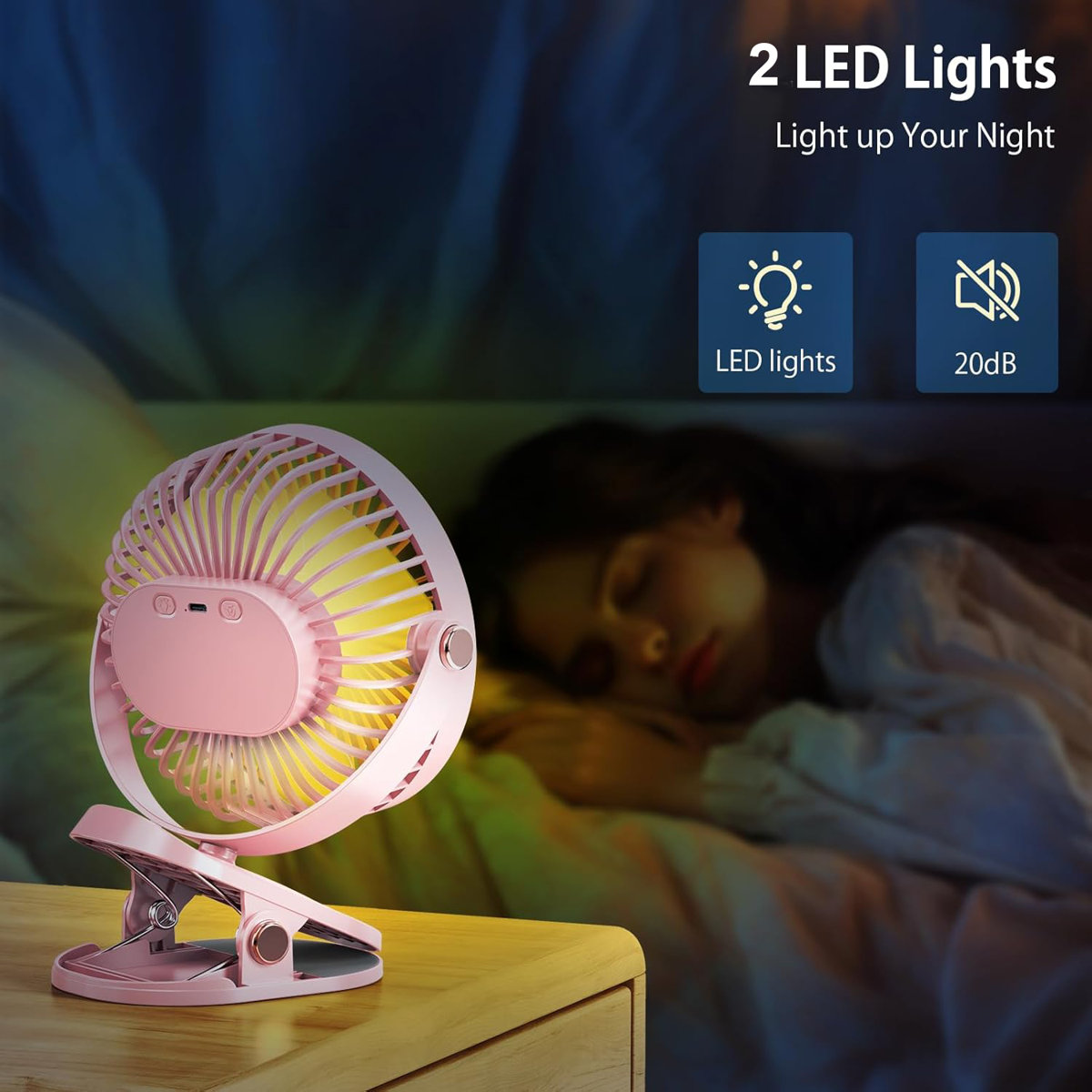 Panarciss Desk Fan Clip On With Lights USB Rechargeable 5 Level Speed ...