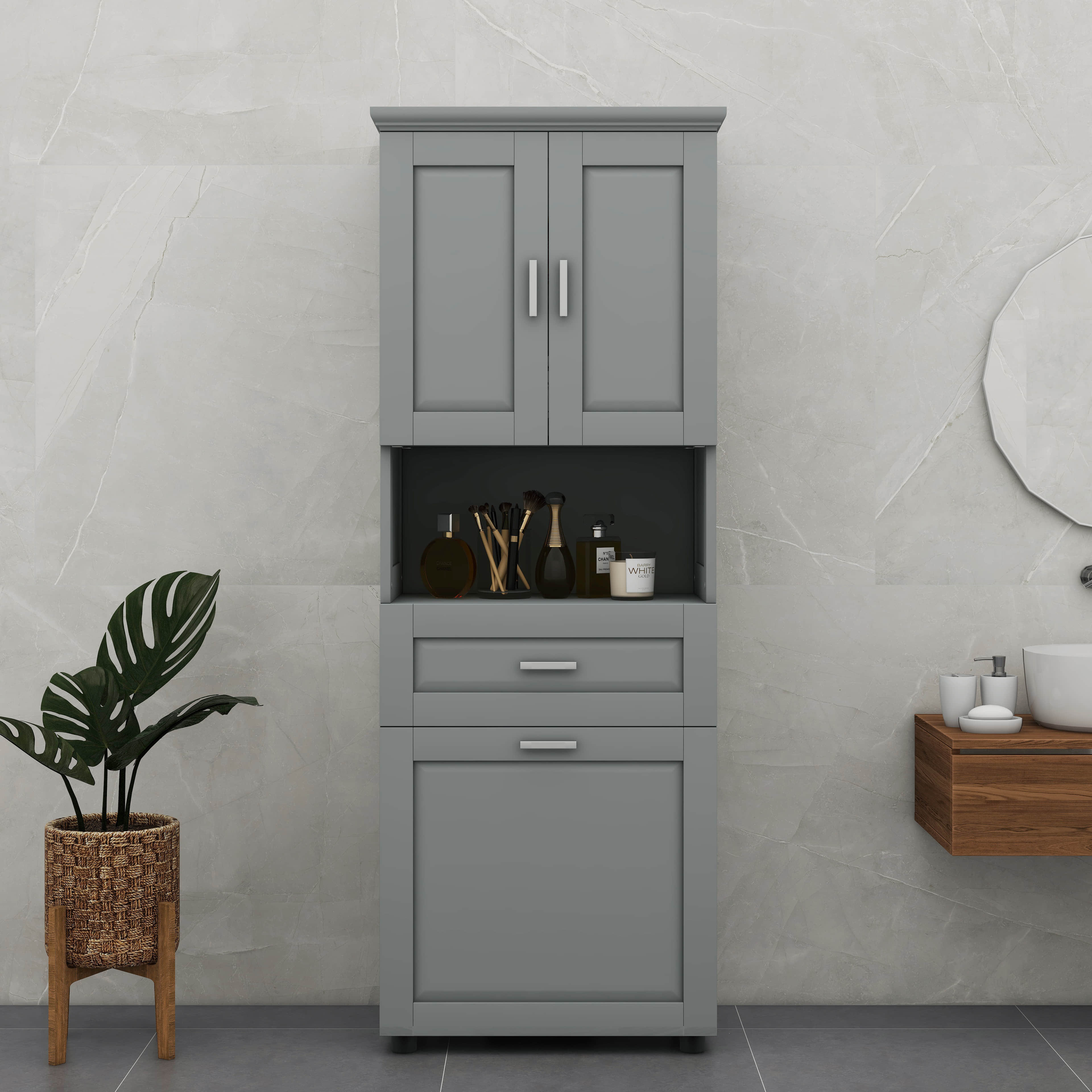 Rebrilliant Tall Bathroom Cabinet With Integrated Laundry Hamper Doors ...