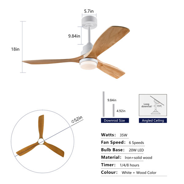 George Oliver Modern Ceiling Fan With Light 3 Solid Wood Blades Remote ...