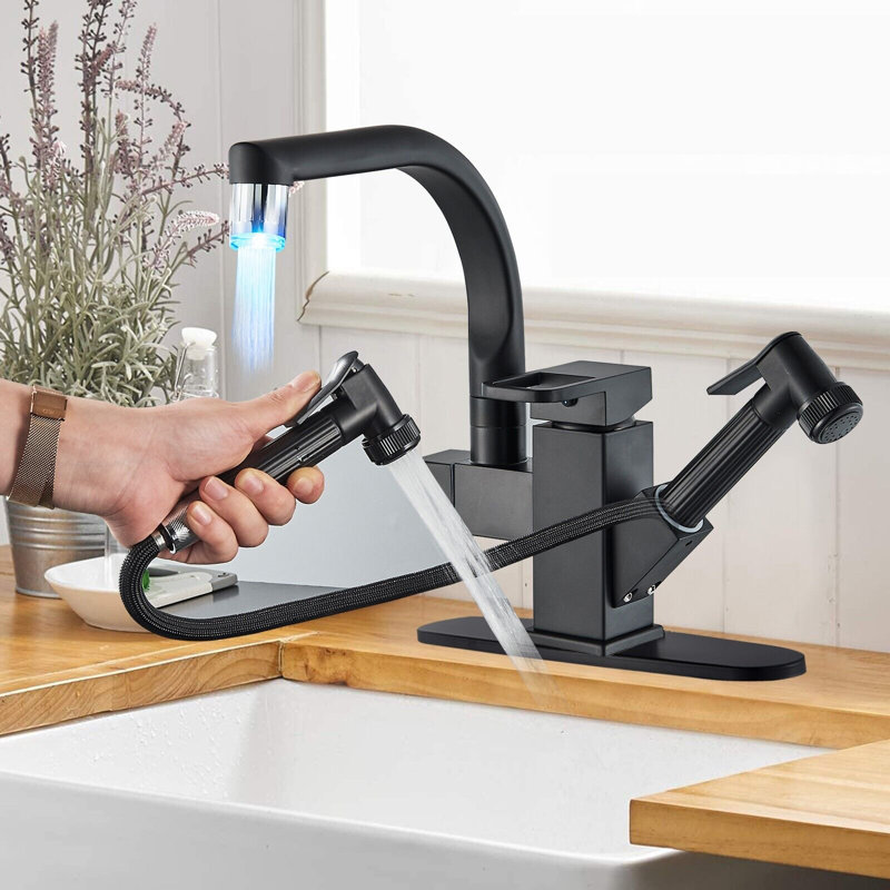 Senlesen Led Kitchen Sink Faucet Matte Black Single Handle Pull Out ...