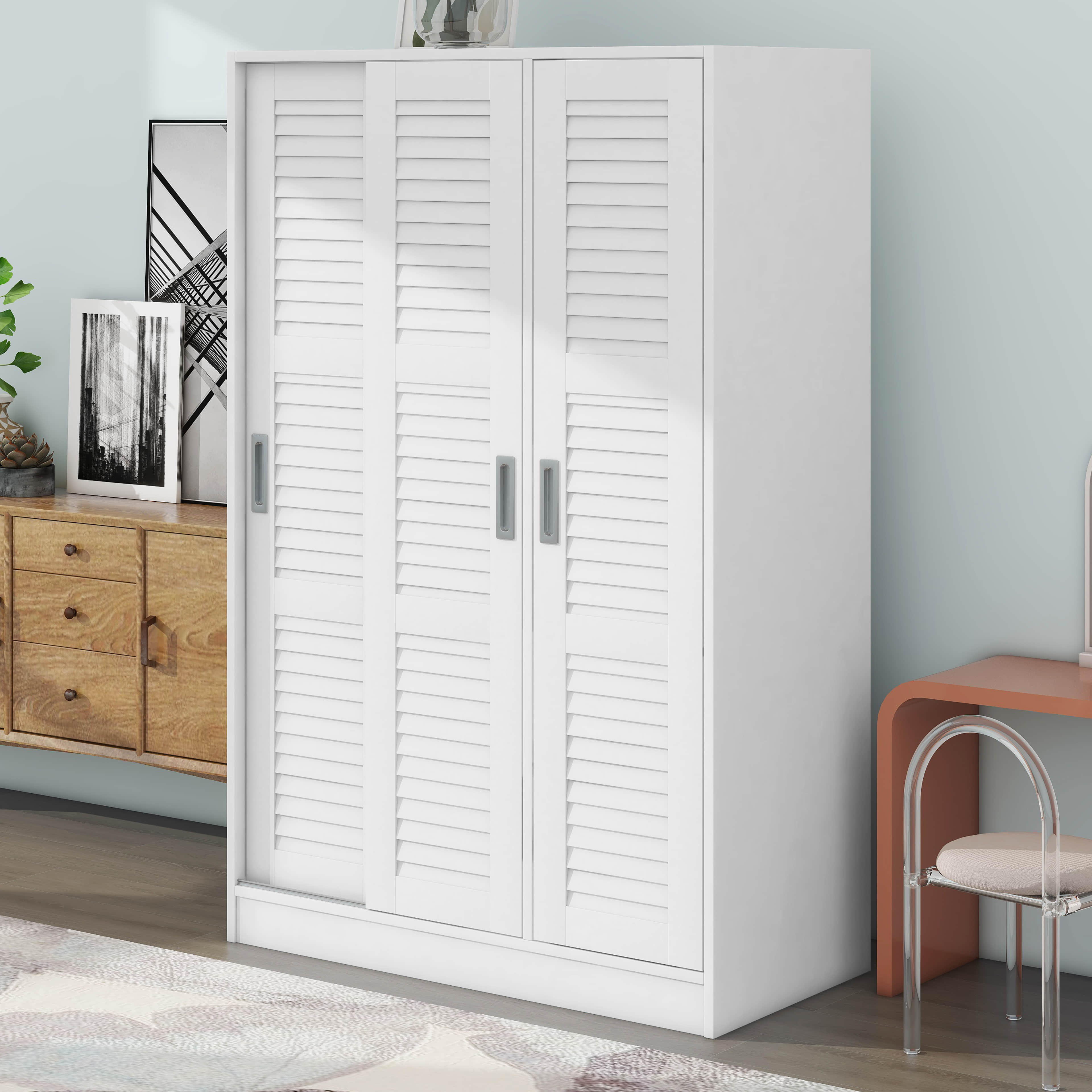 Latitude Run® Cabinet, 3-Door Shutter Wardrobe, Hanger, Bedroom ...