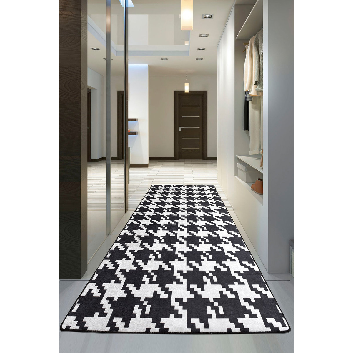 East Urban Home Enrique Houndstooth Black/White Area Rug | Wayfair