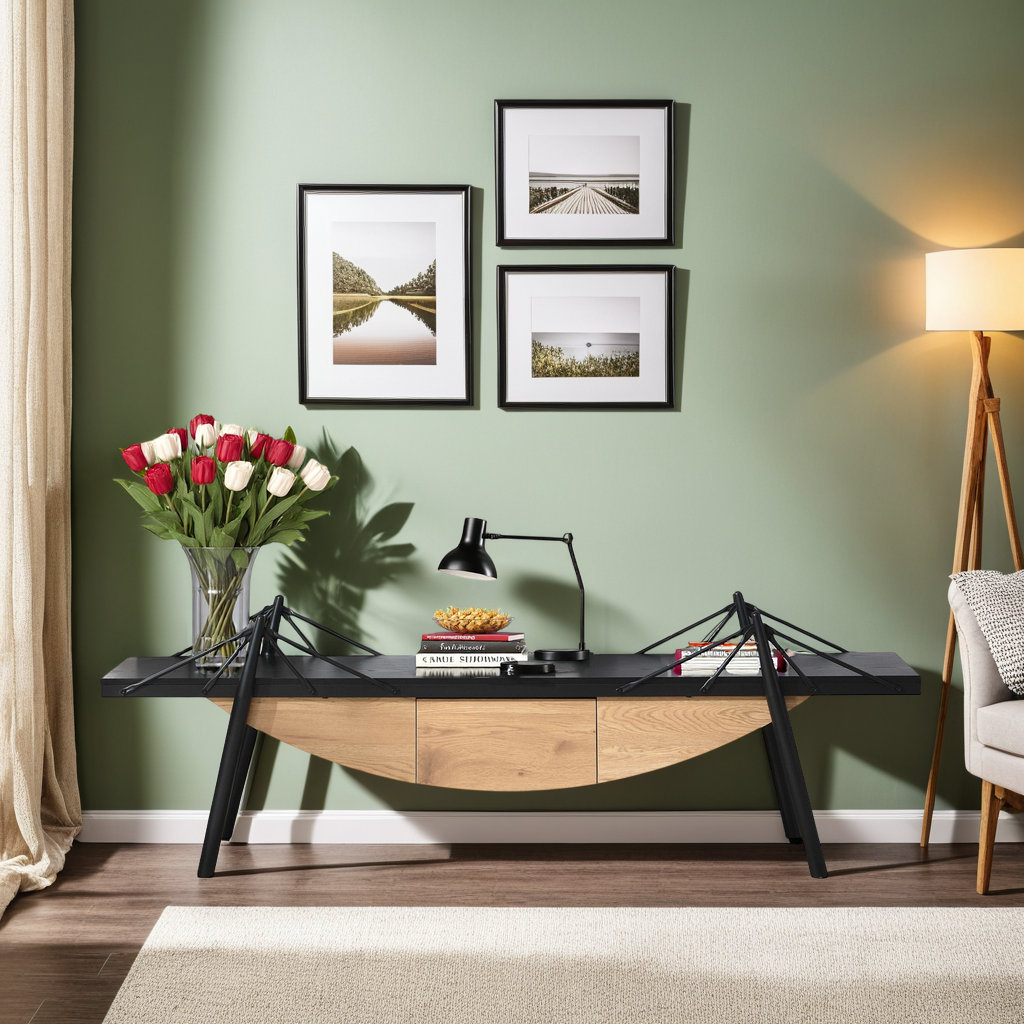 17 Stories Rustic Wood & Metal 70.87” Entertainment Console Table with ...