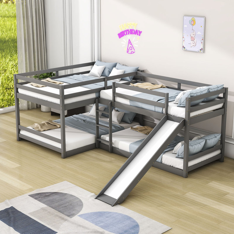 Harriet Bee Faso L-Shaped Quad Wood Bunk Bed, Full over Full and Twin ...