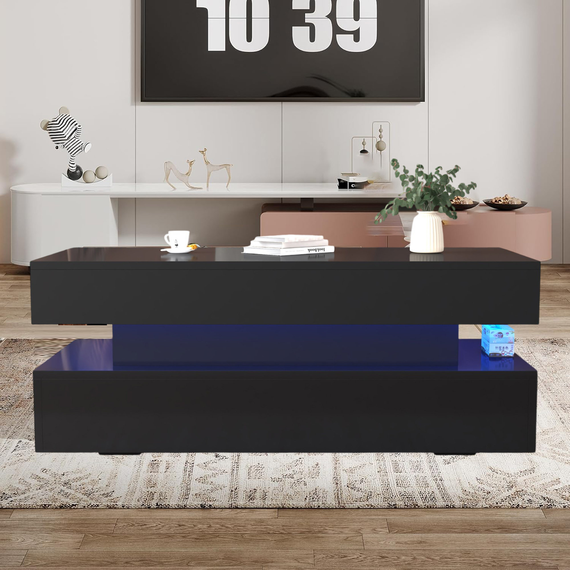 Ivy Bronx 59" Large Lift Top Coffee Table,Modern High Glossy LED Coffee ...