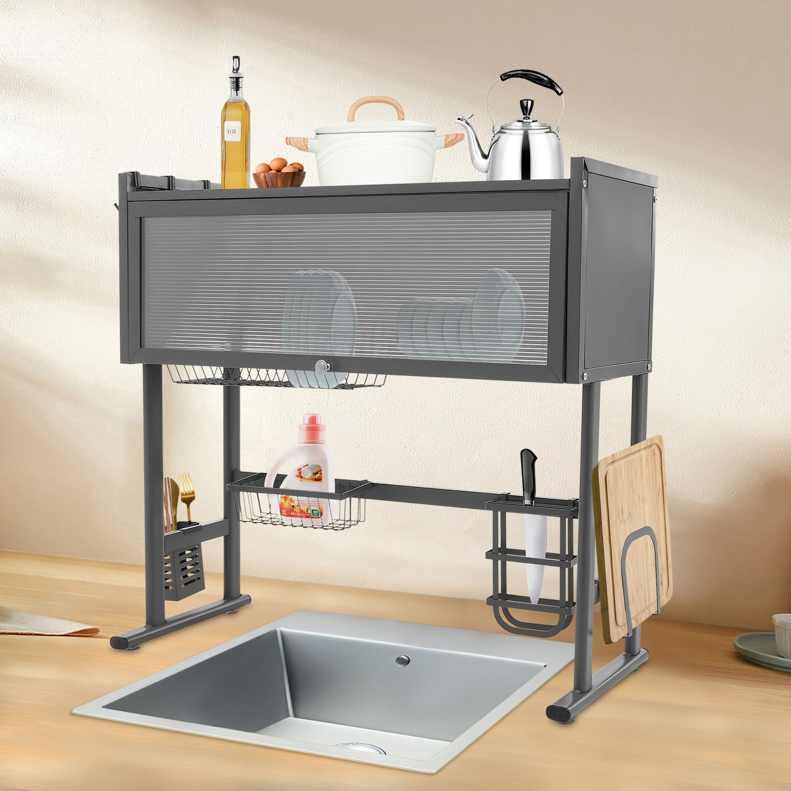 SUNYOU Over The Sink Dish Drainer With Cover For Dishes, Glasses, Bowls ...