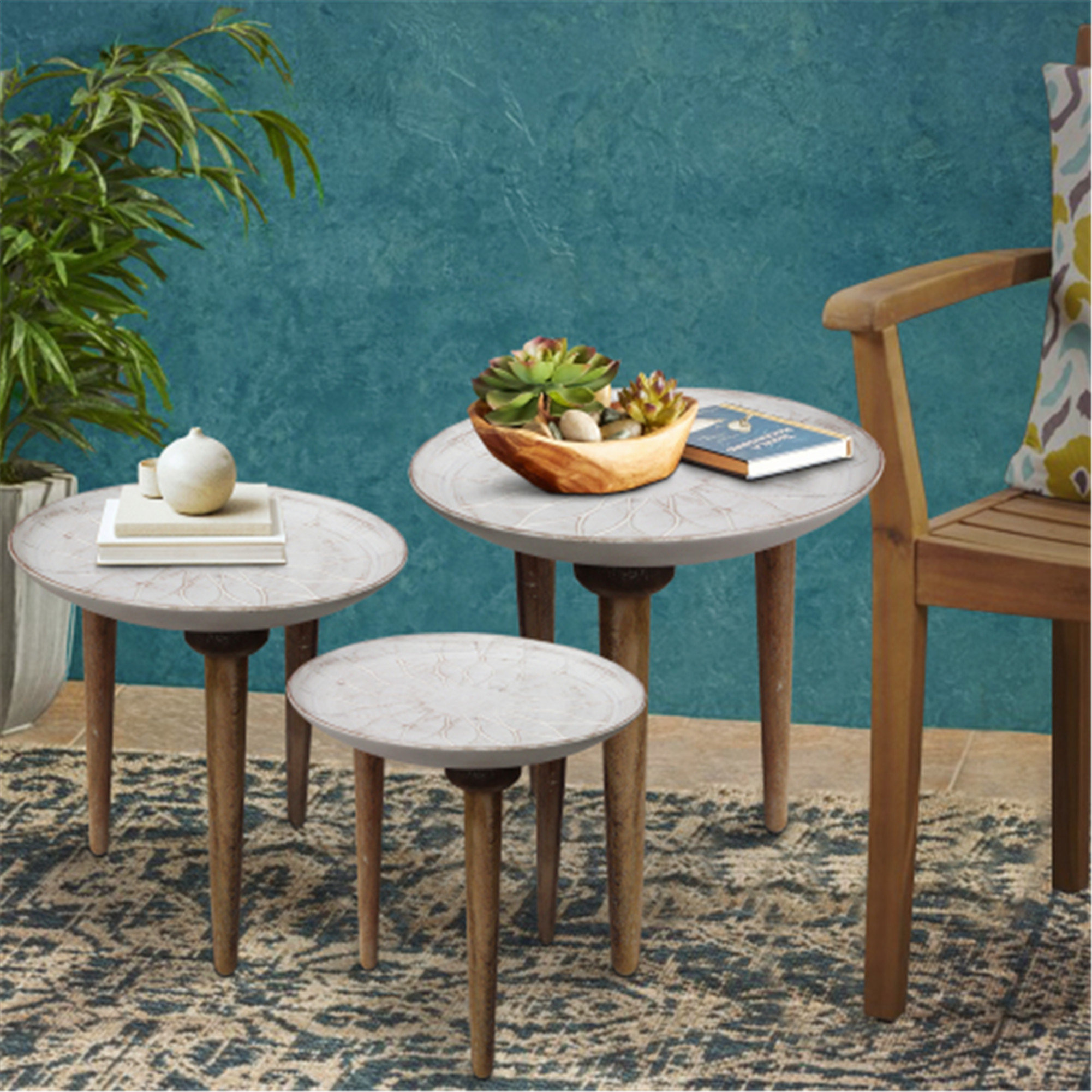 George Oliver 3 Piece Mango Wood Coffee Table with Bowl Shaped Top and ...