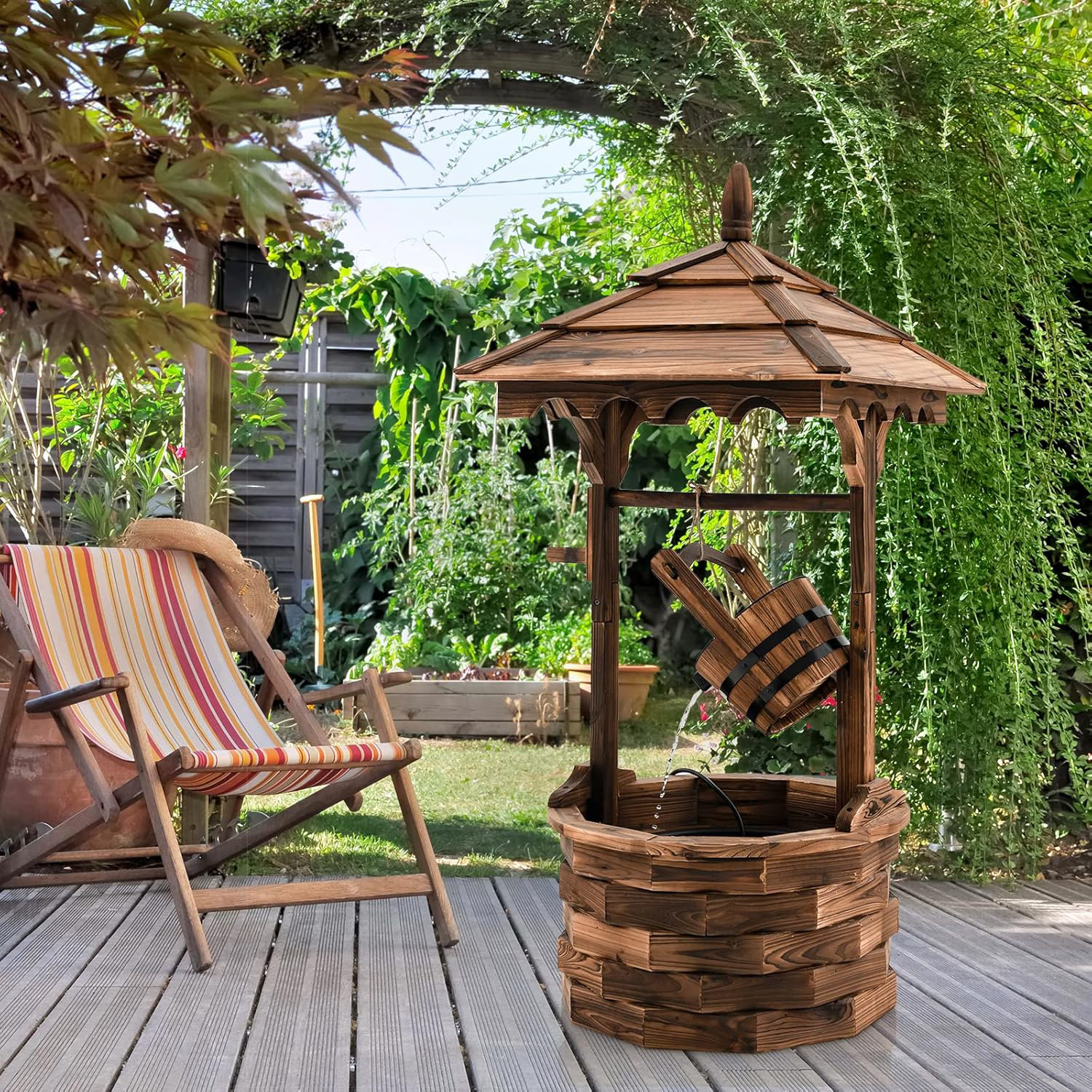One Allium Way Rustic Wishing Well Fountain, Outdoor Wooden Water ...
