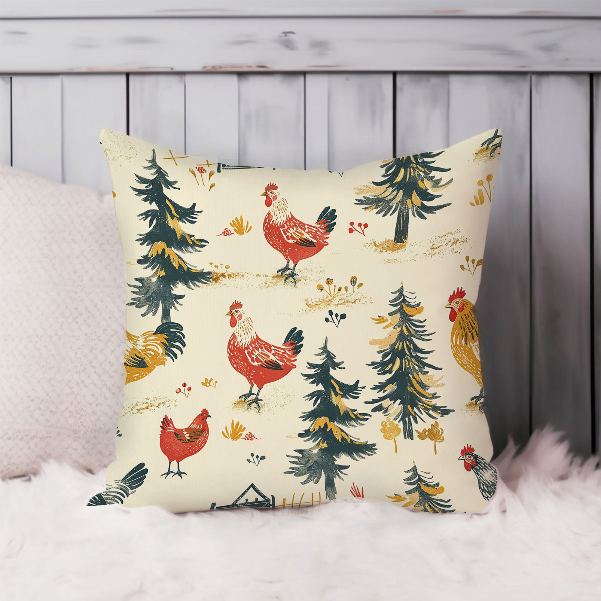 Ethan Taylor Animals Rustic Farmhouse Chickens Pattern XII Farm Animals Chicken Pillow Cover ...
