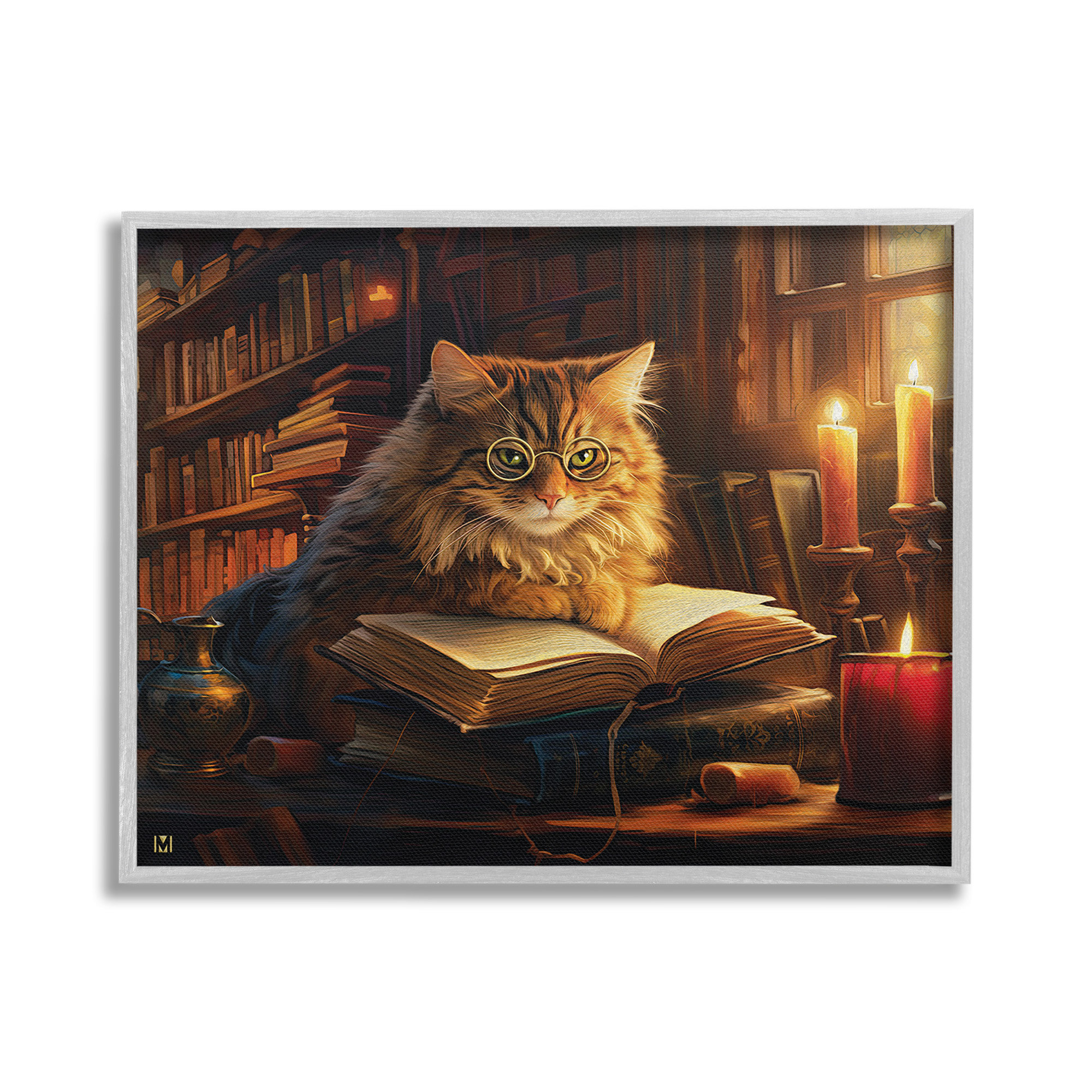 Stupell Industries Cat Reading by Candlelight Framed Giclee Art by ...