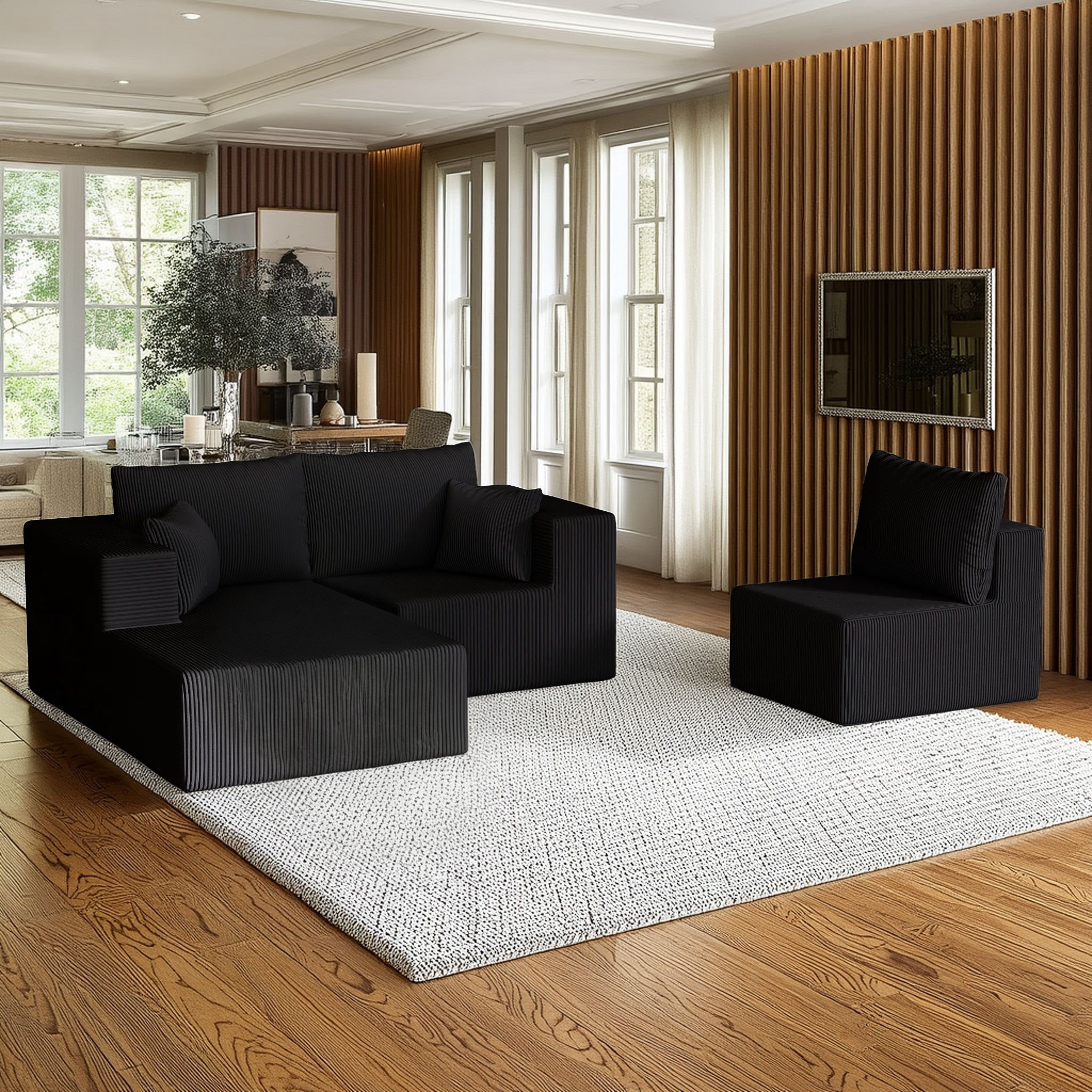Mercer41 Black L-Shaped Foam Sofa With Chaise Longue, Modular Sofa ...