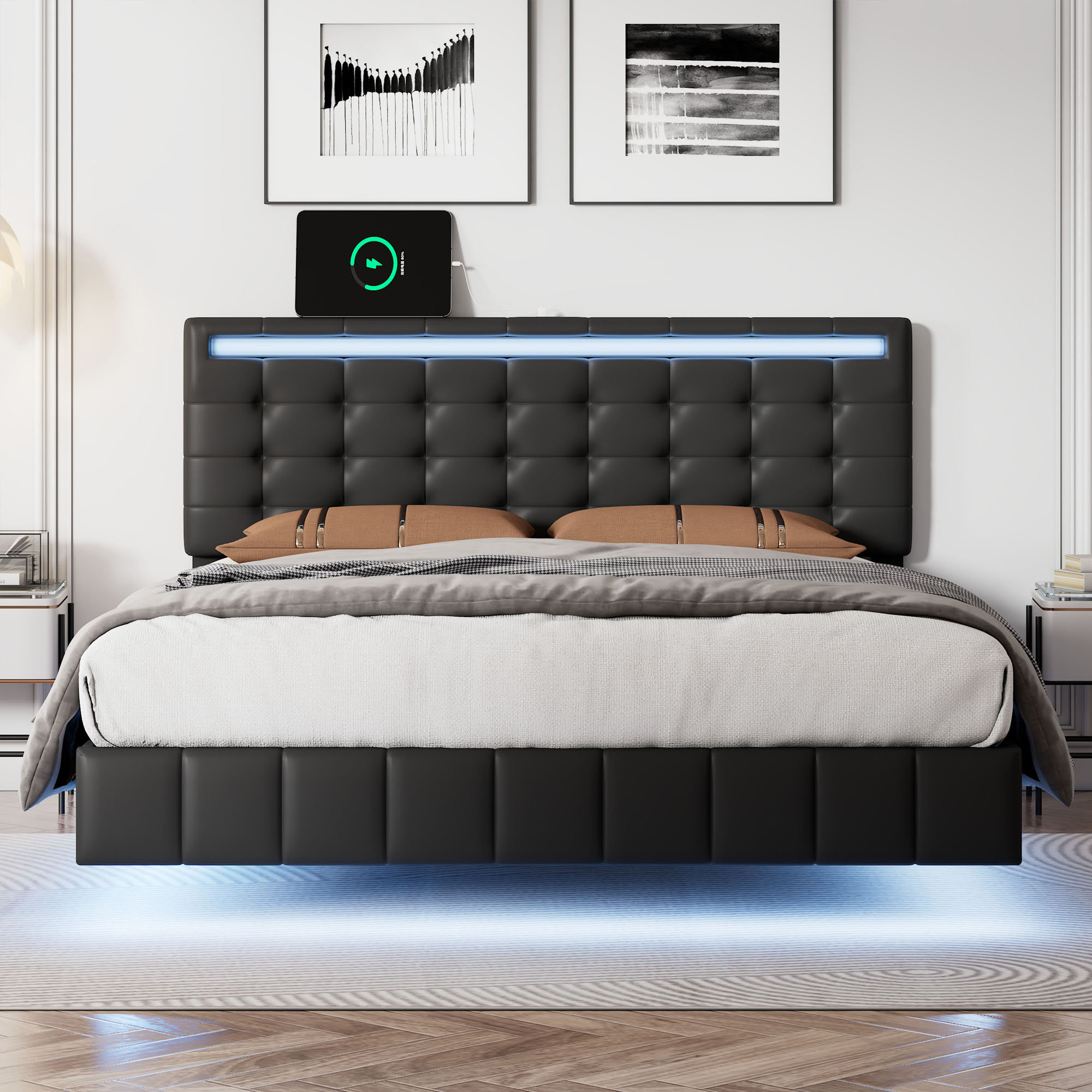 Ivy Bronx Size Floating Bed Frame With LED Lights And USB Charging ...