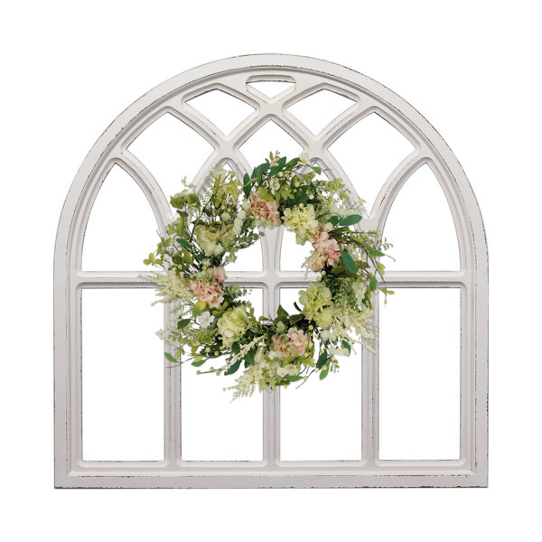 August Grove® 32 Inch Distressed White Wood Arched Window Frame Wall ...