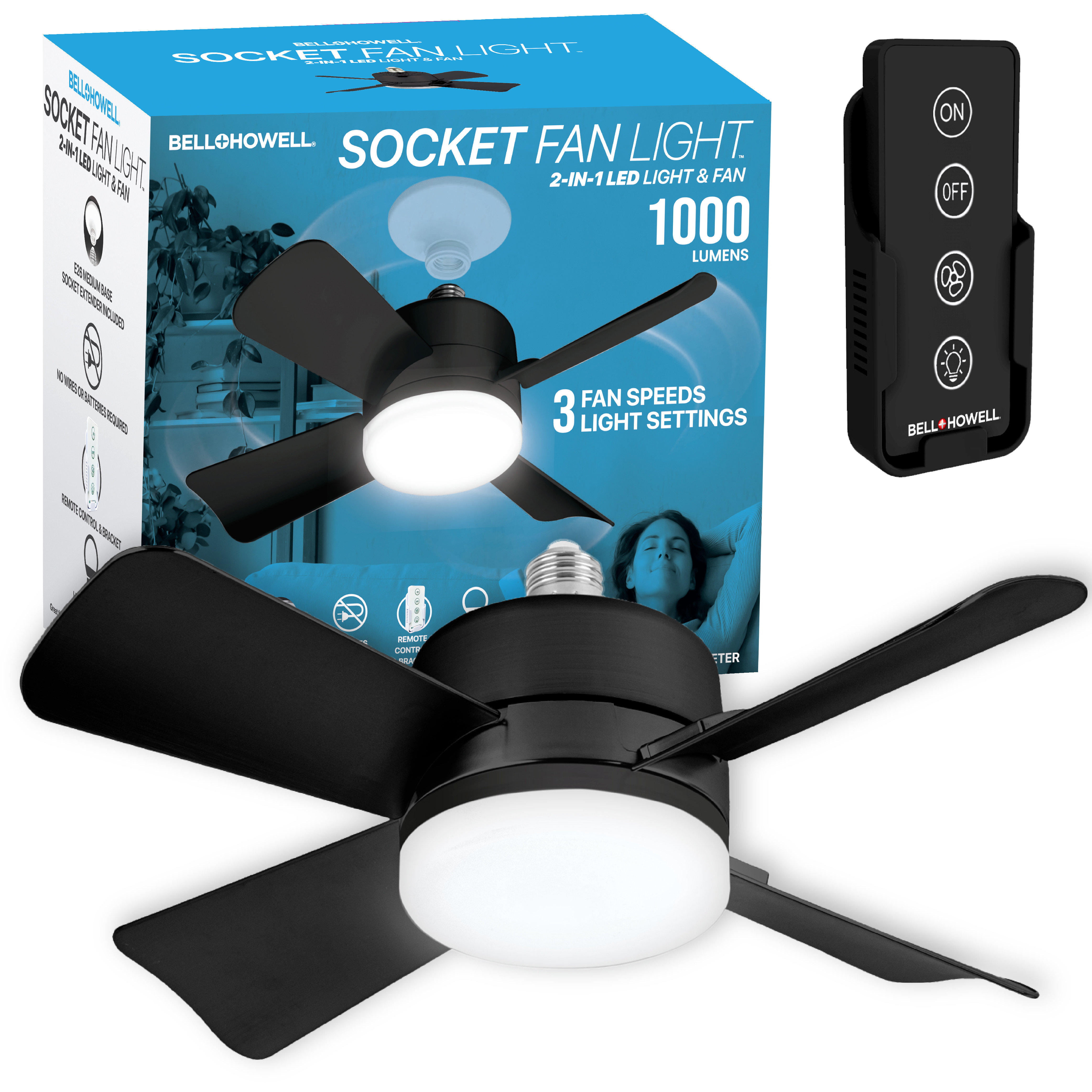 Bell + Howell Socket Fan, Ceiling Fan With 1000 Lumens and Remote ...